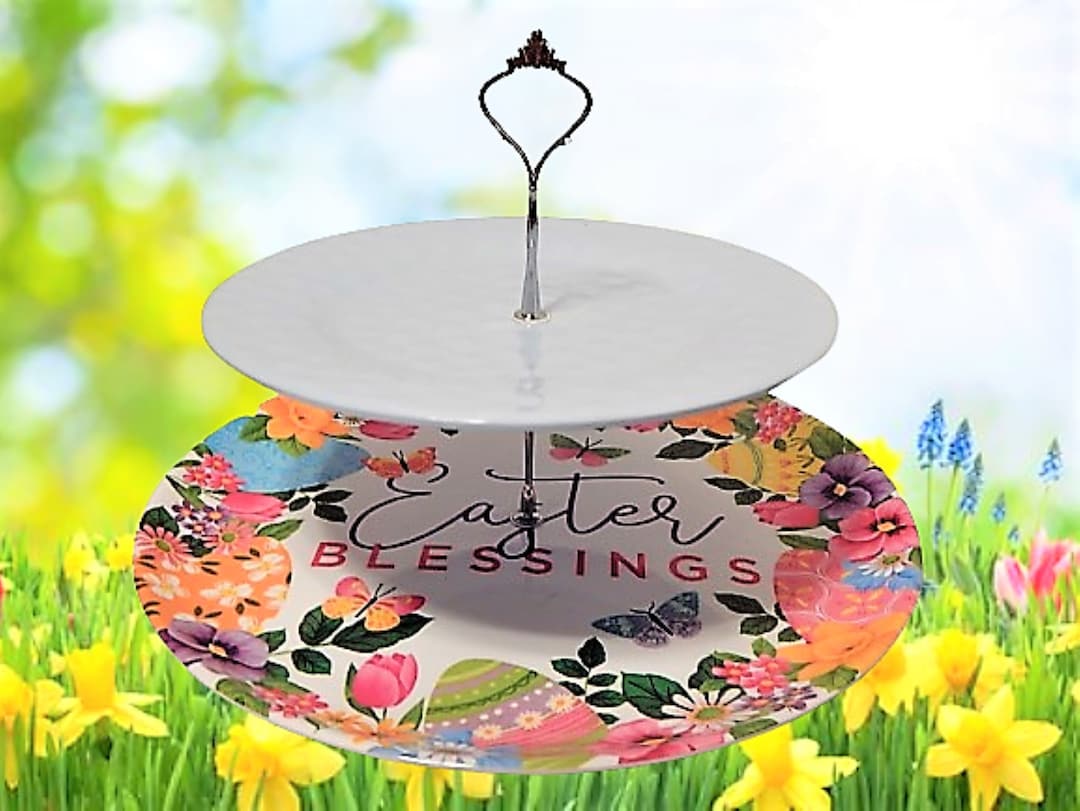 Two Tier Serving Platter Set New 14" Easter Blessings Floral and 9.5 ...