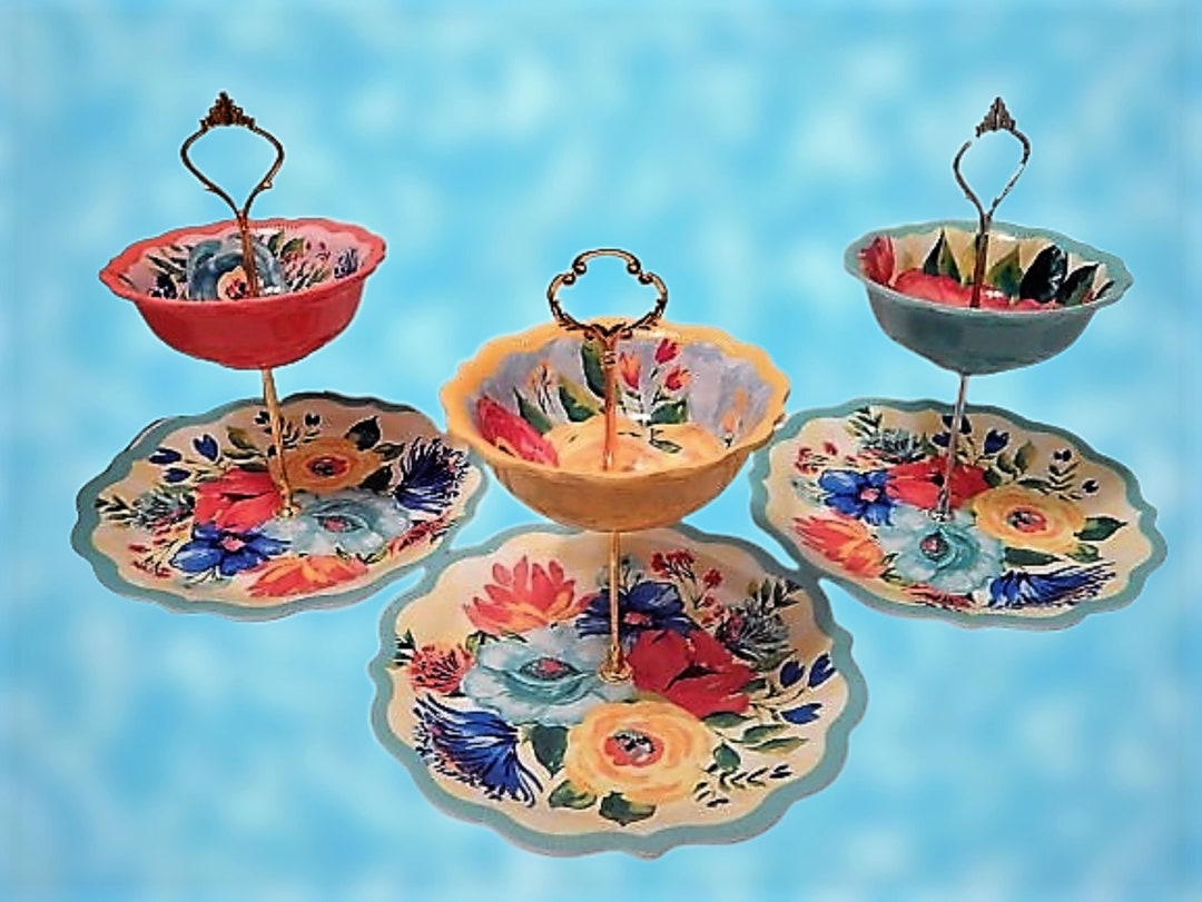 Two Tier Snack Serving Set Pioneer Woman Melamine Delaney Floral Dishes ...