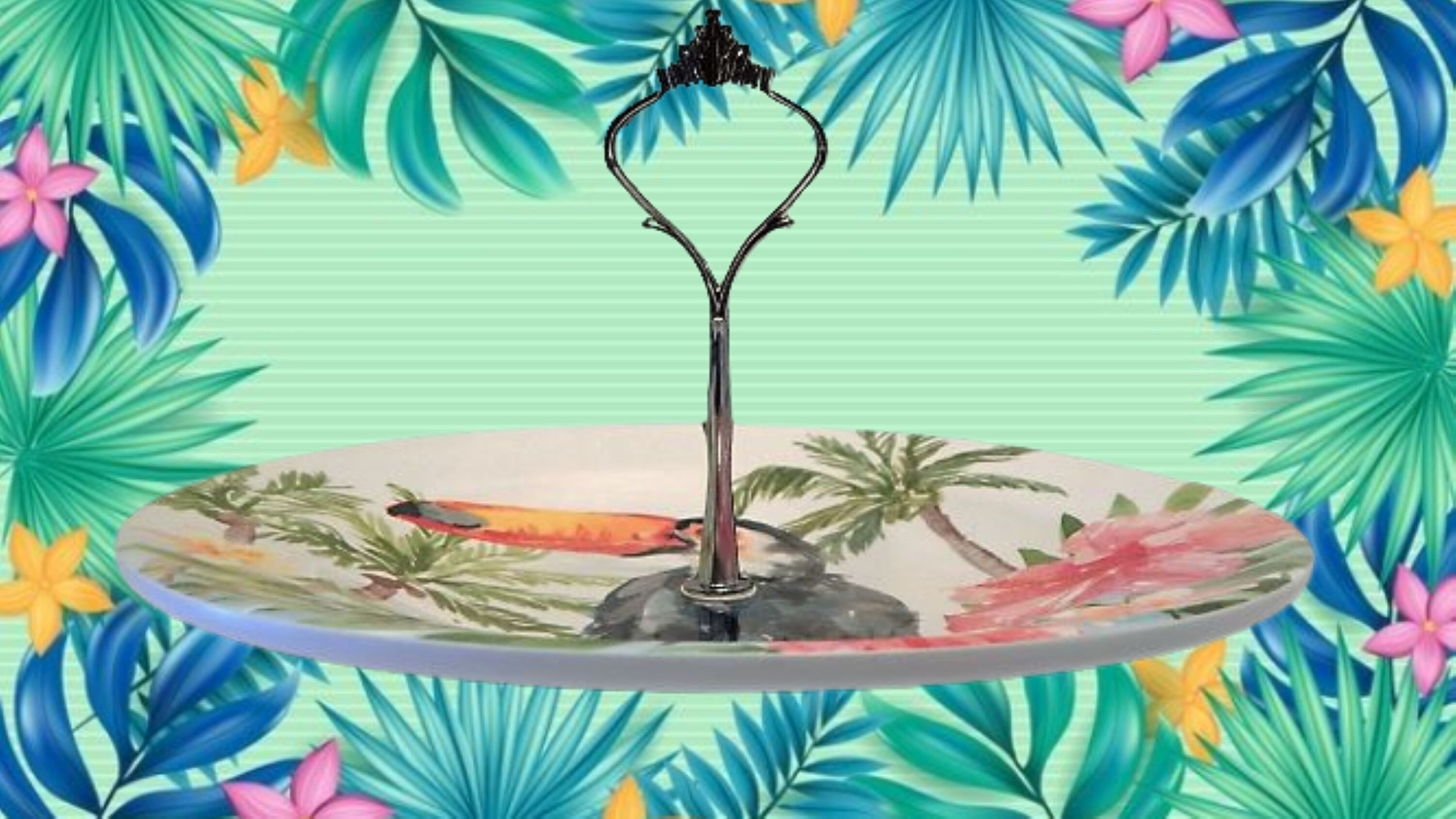 Toucan and Pink Hibiscus Single Tier Serving Dish New Melamine Shallow ...
