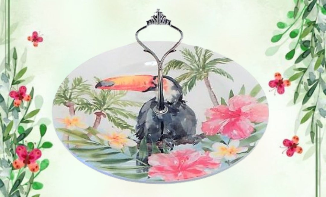Toucan and Pink Hibiscus Single Tier Serving Dish New Melamine Shallow ...