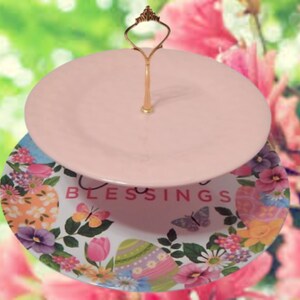 Two Tier Easter Serving Platter Set New 14" Floral and 9.5" Pink ...