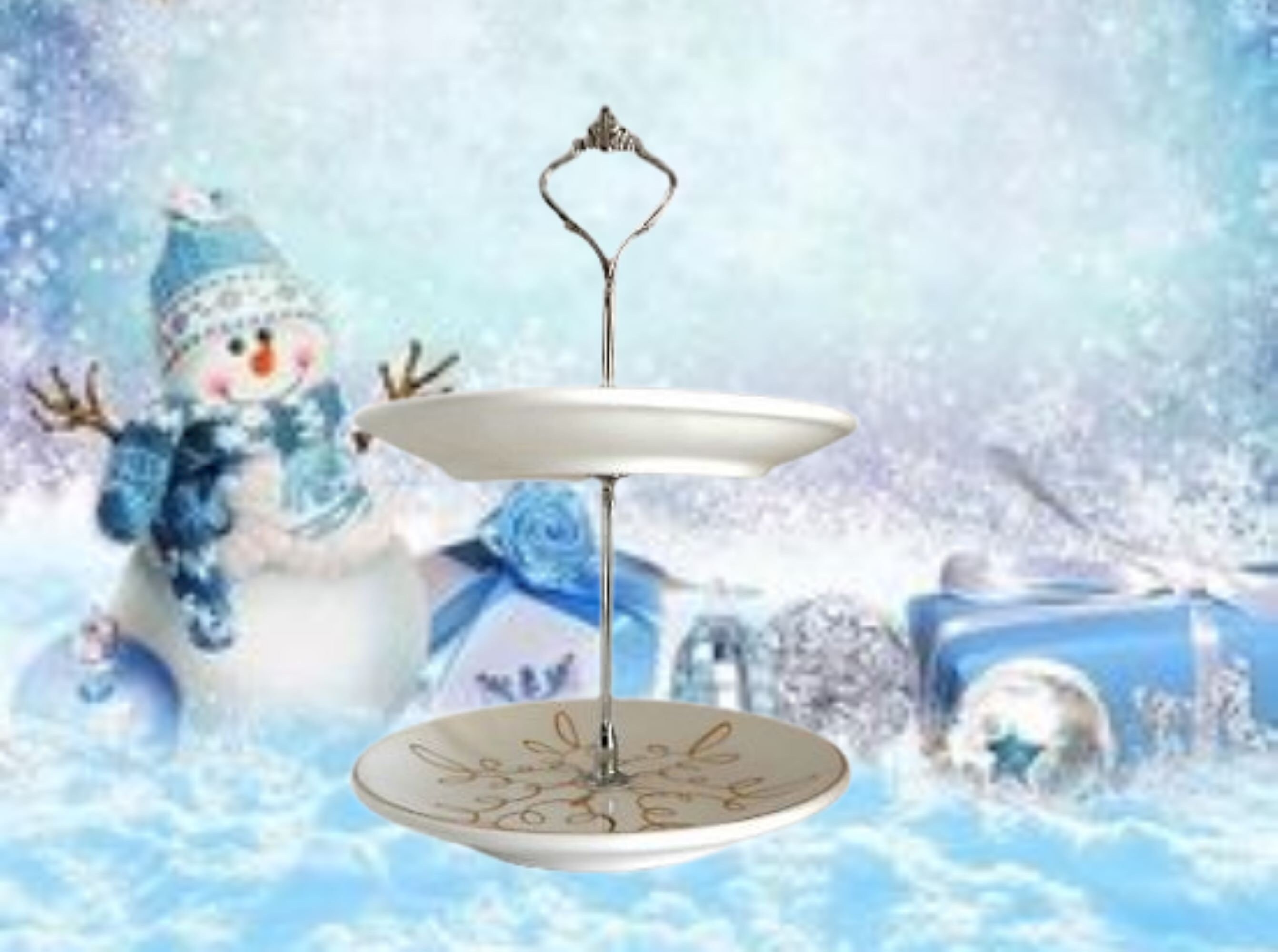 Two Tier Snack Serving Set Silver and Gold Snowflake China Plates ...