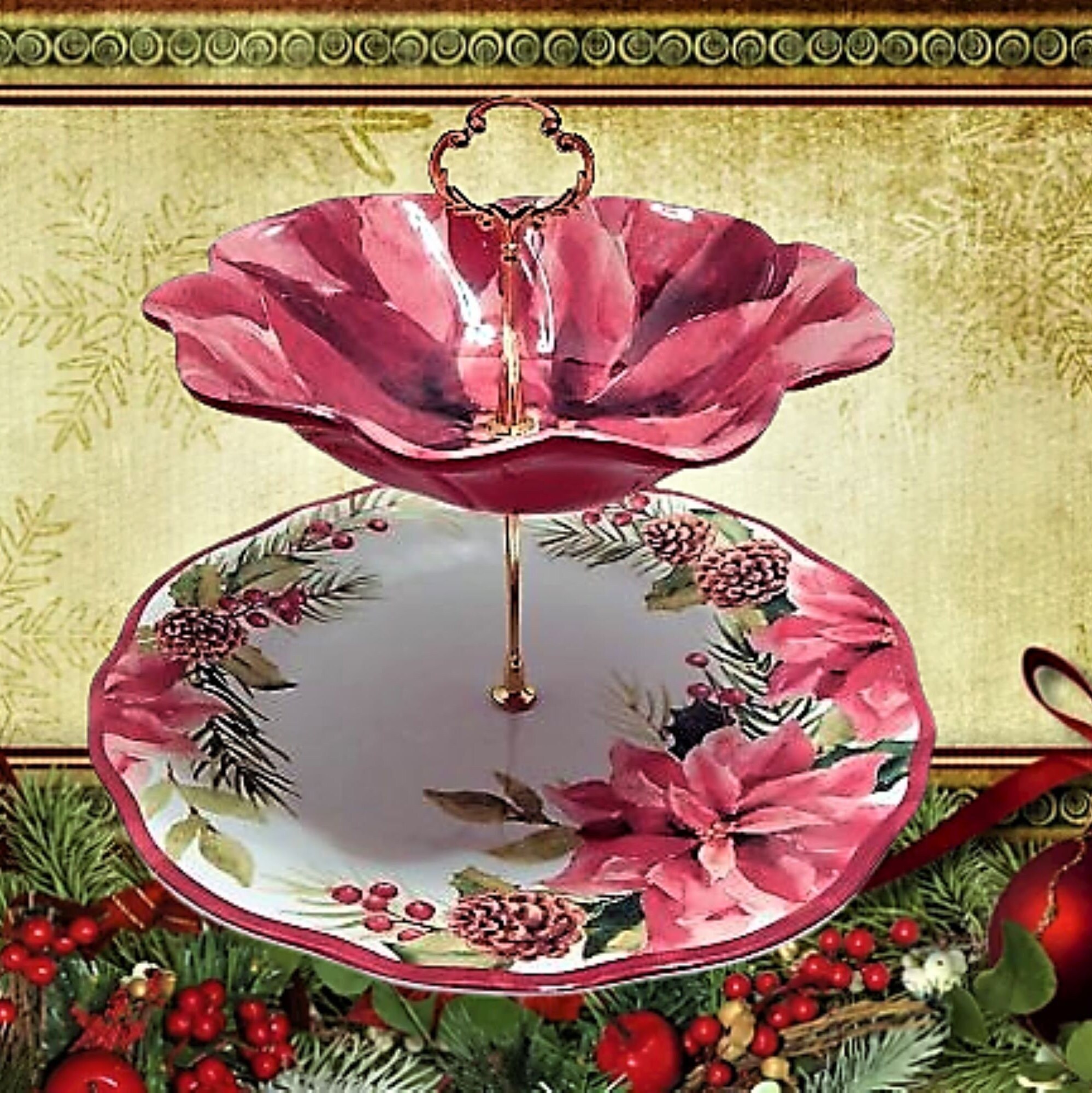 Two Tier Red Poinsettia Christmas Serving Dish Set New Melamine Red and ...