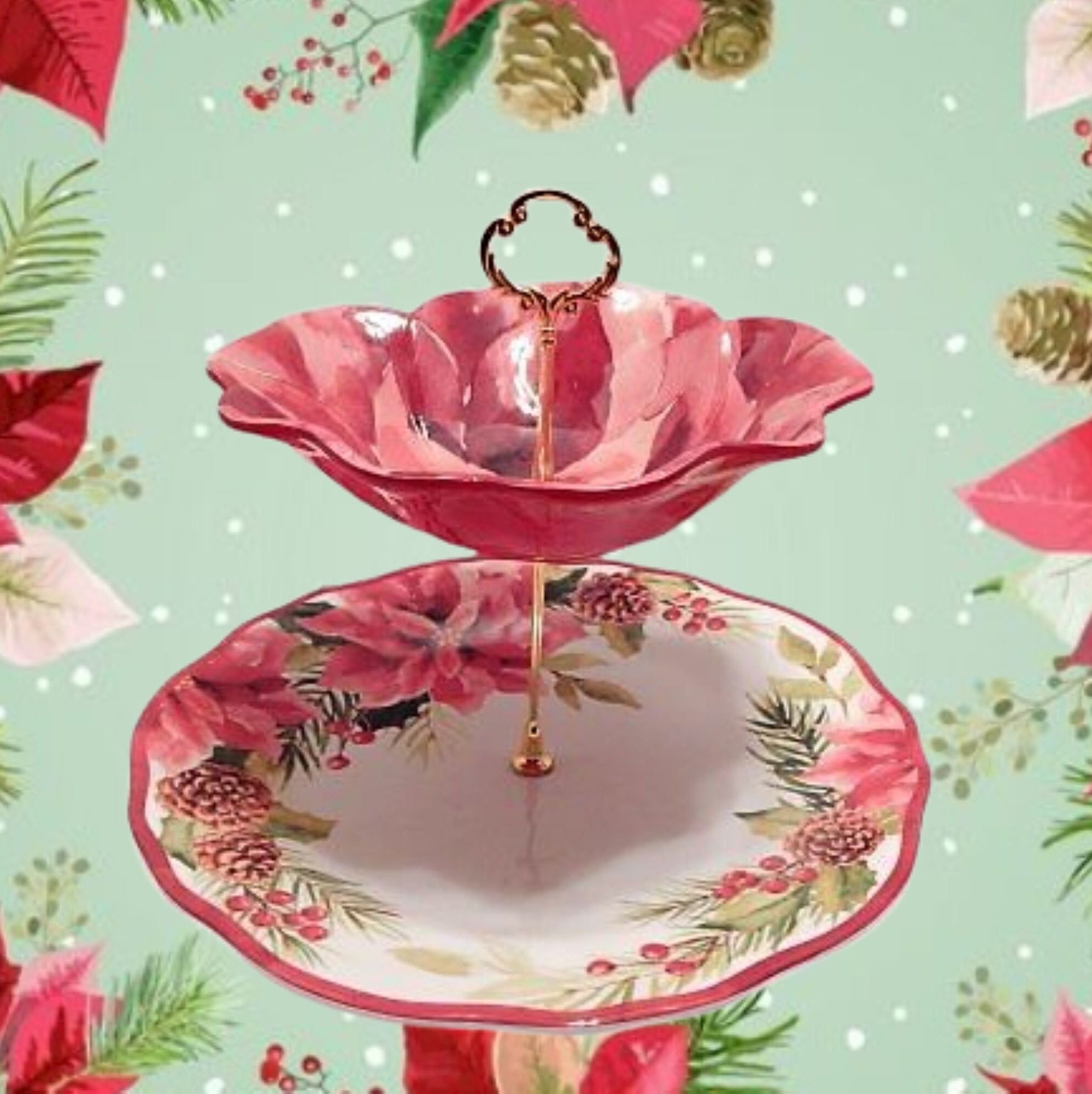 Two Tier Red Poinsettia Christmas Serving Dish Set New Melamine Red and ...