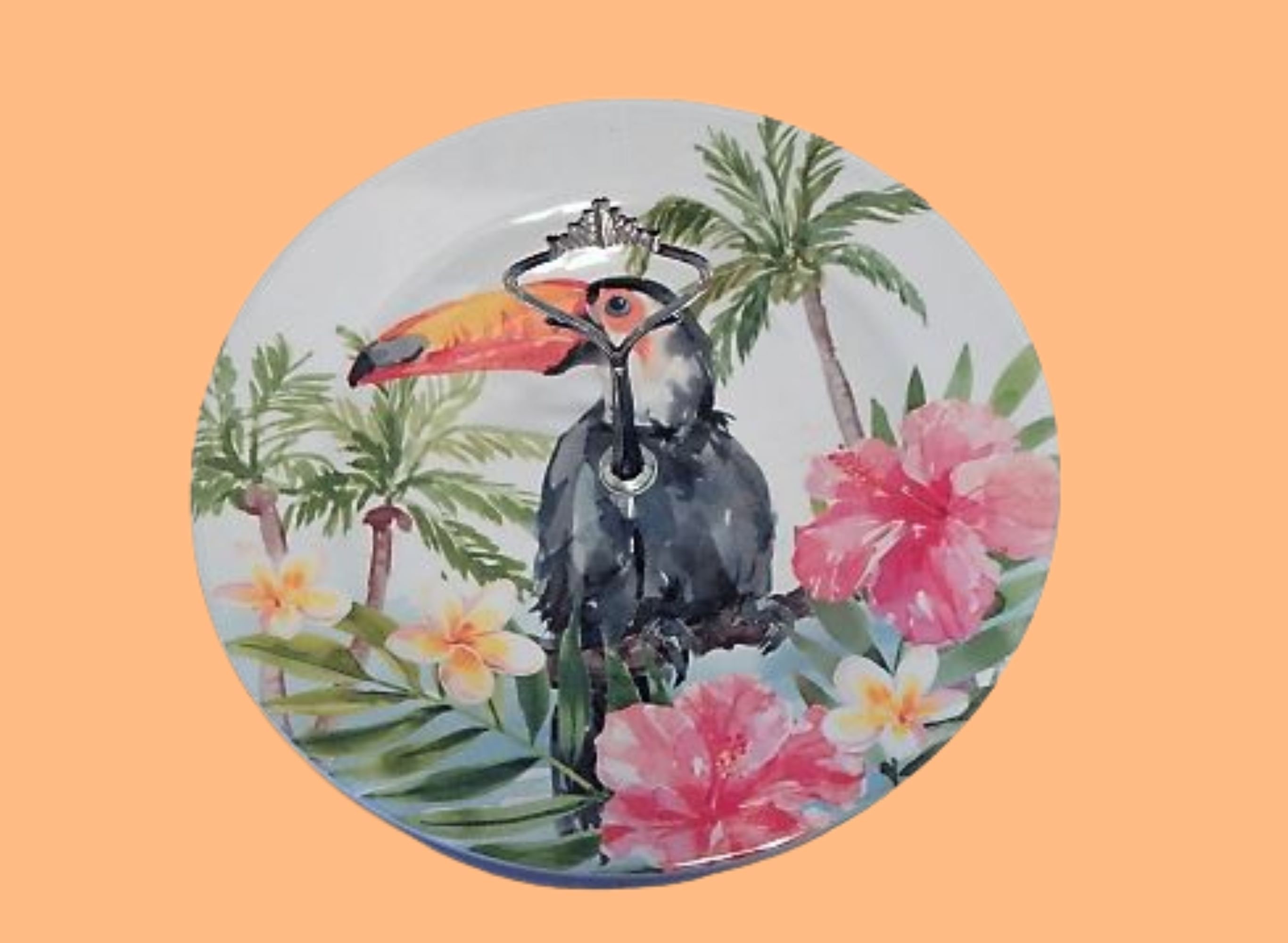 Toucan and Pink Hibiscus Single Tier Serving Dish New Melamine Shallow ...