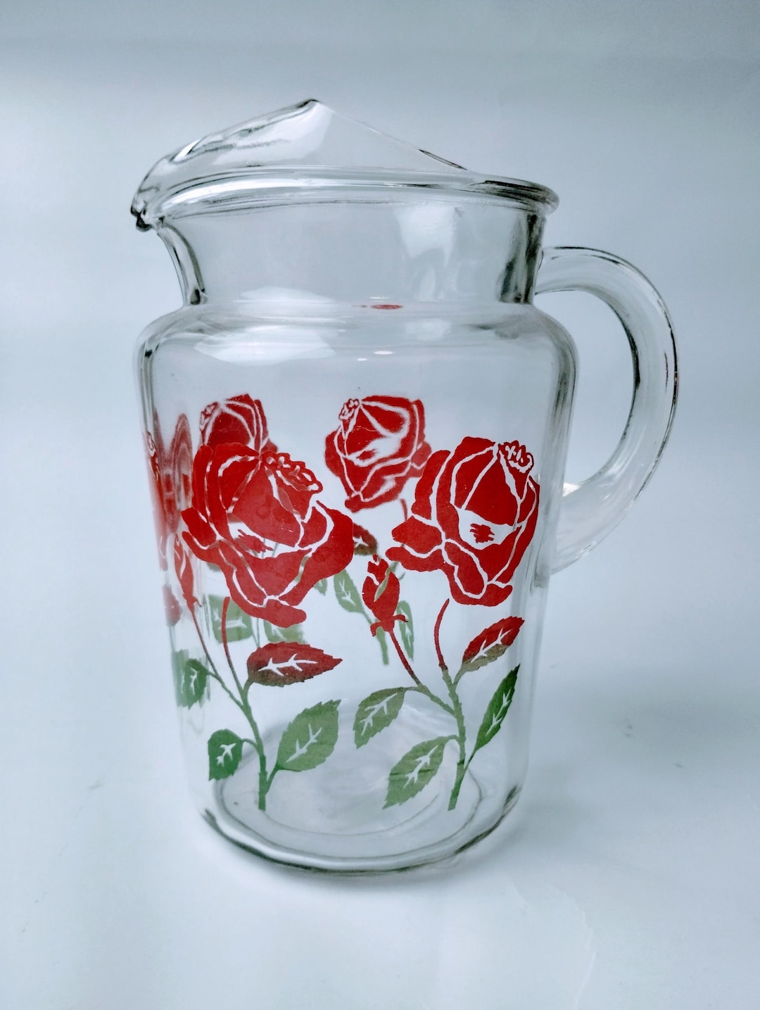 Vintage Red Floral MCM Glass Pitcher - 2 Quart With Ice Lip - Etsy