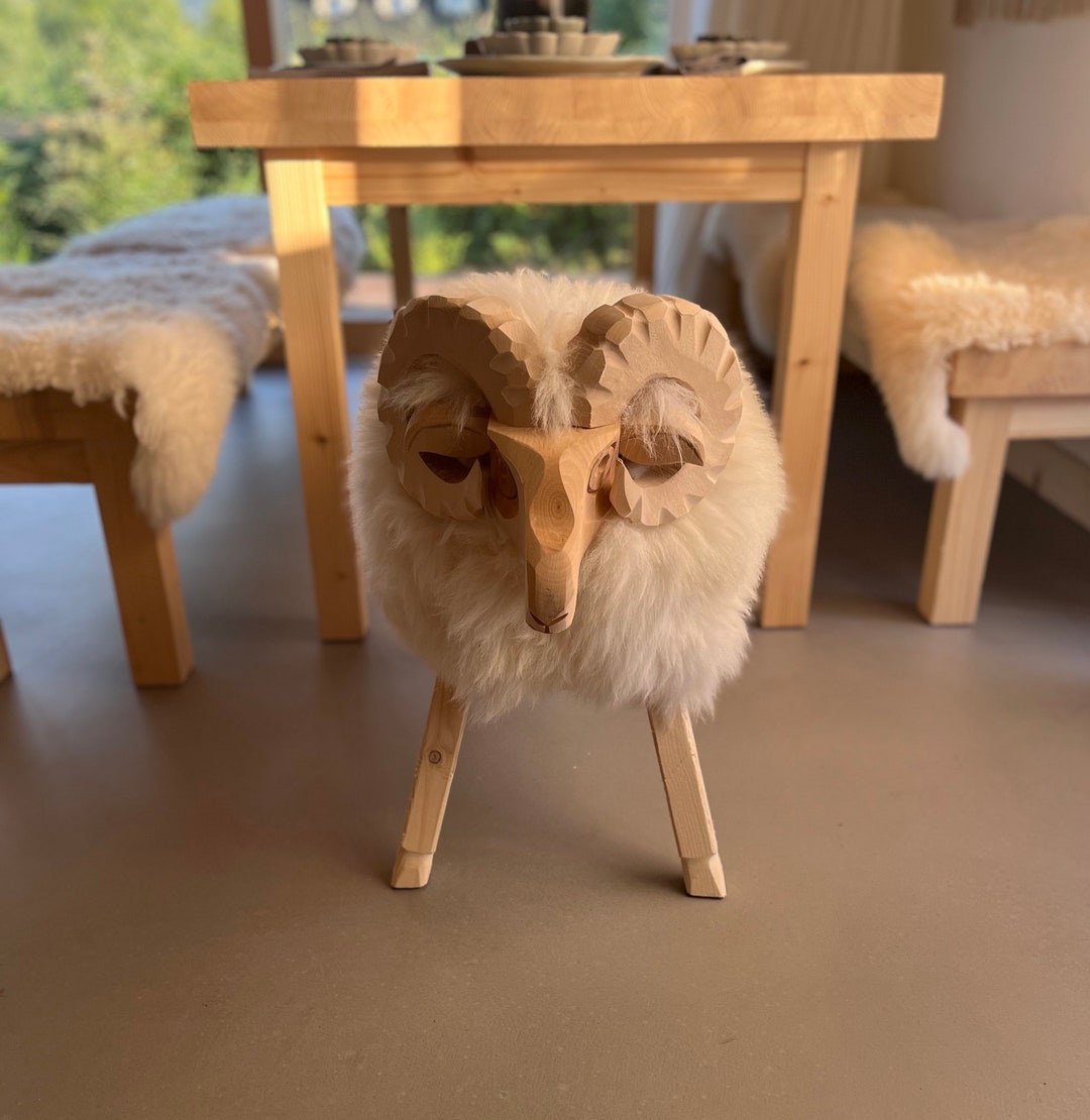 Sheep Stool, Wood, Sheepskin, Wool, White/grey/black, Handmade - Etsy