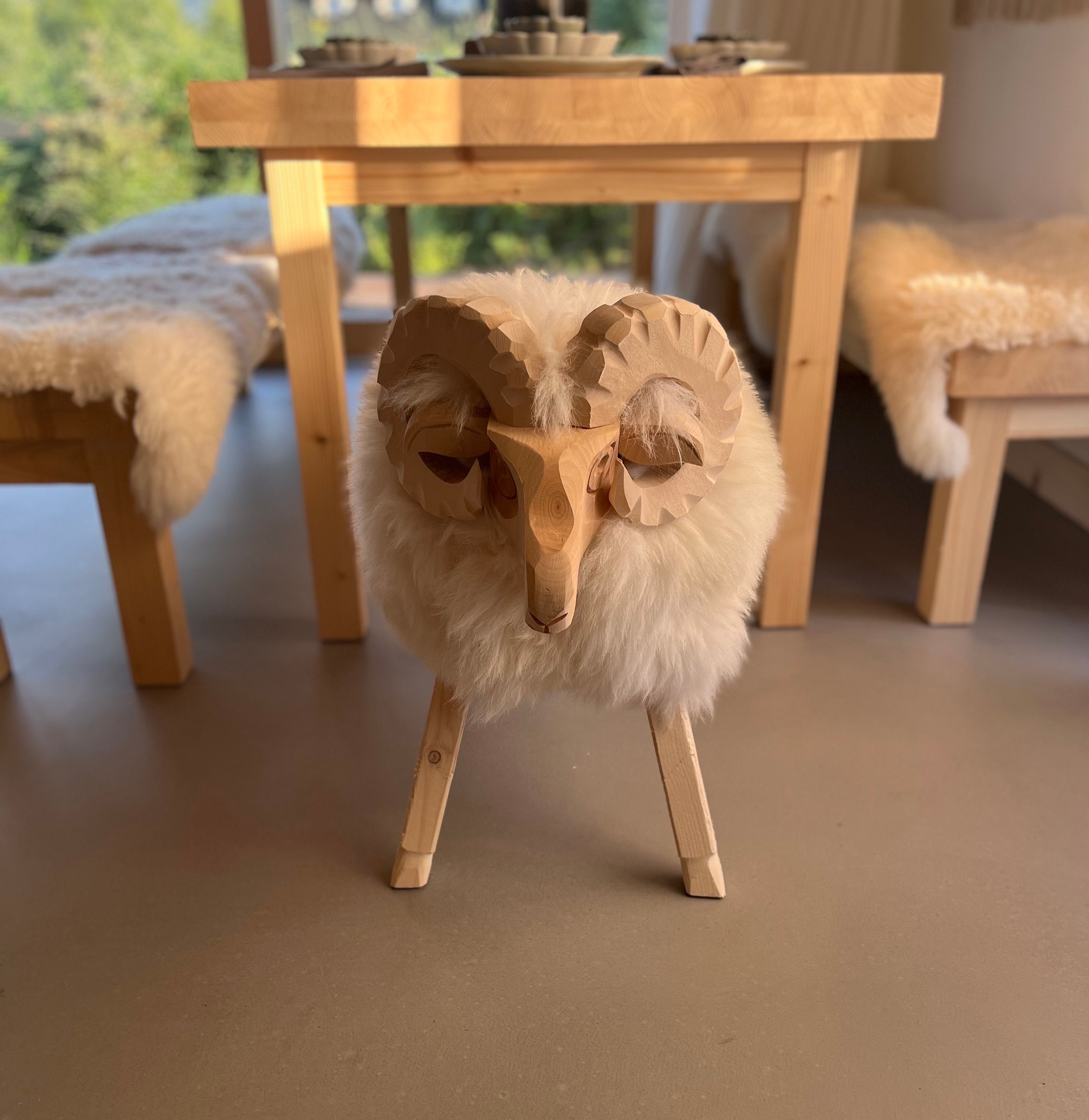 Sheep Stool, Wood, Sheepskin, Wool, White/grey/black, Handmade - Etsy