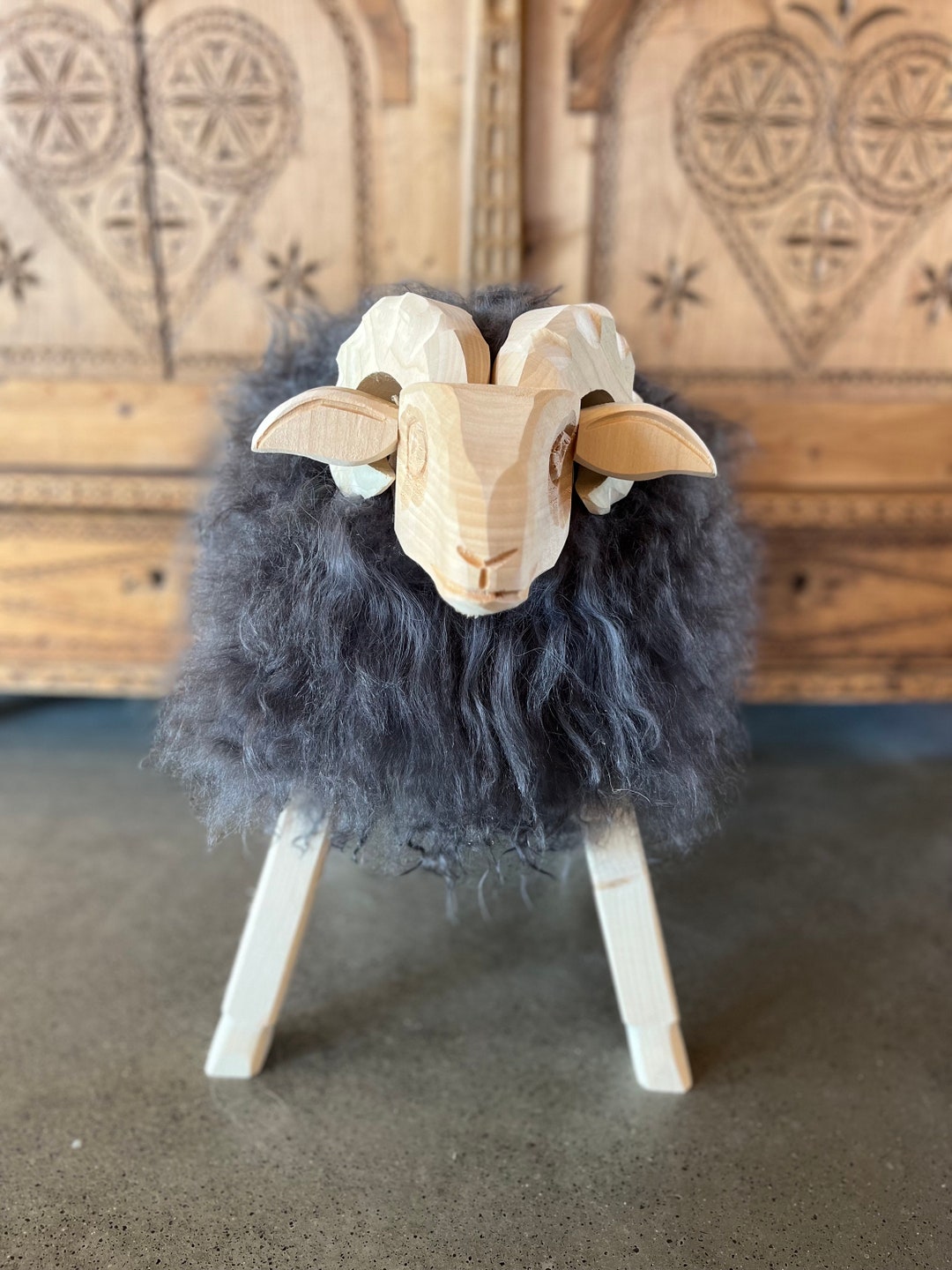Sheep Stool, Wood, Sheepskin, Wool, White/grey/black, Handmade - Etsy