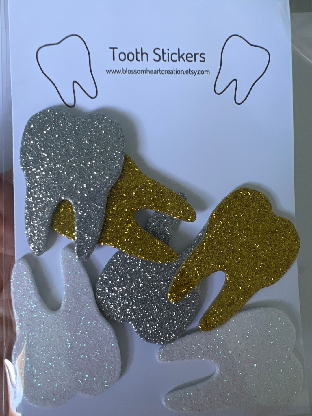 Tooth Stickers, Tooth Fairy Goodies, Glitter Foam Sticker, Gold, White ...