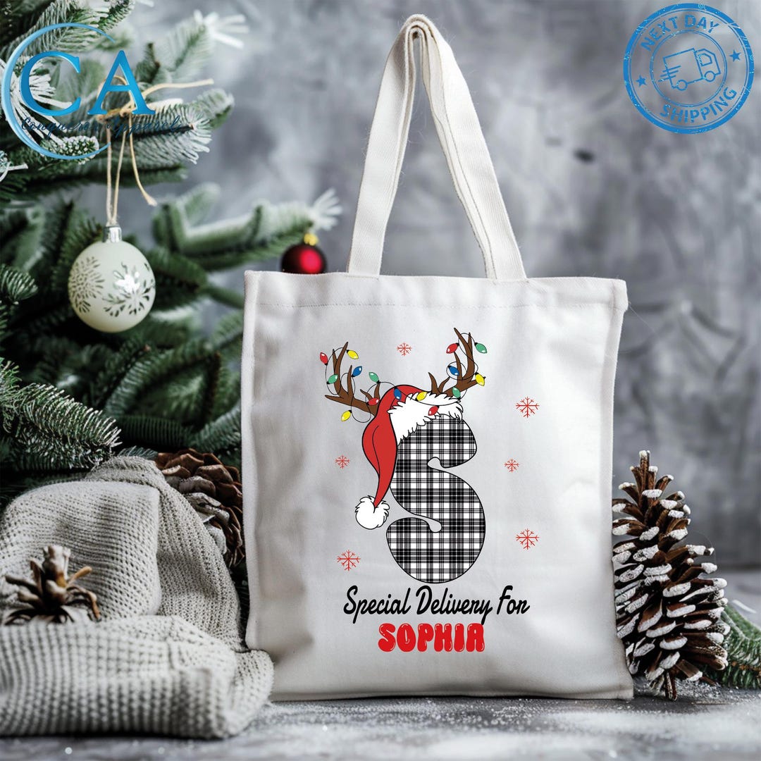 Santa Tote Bag for Kids, Personalized Christmas Bag With Name, Custom ...
