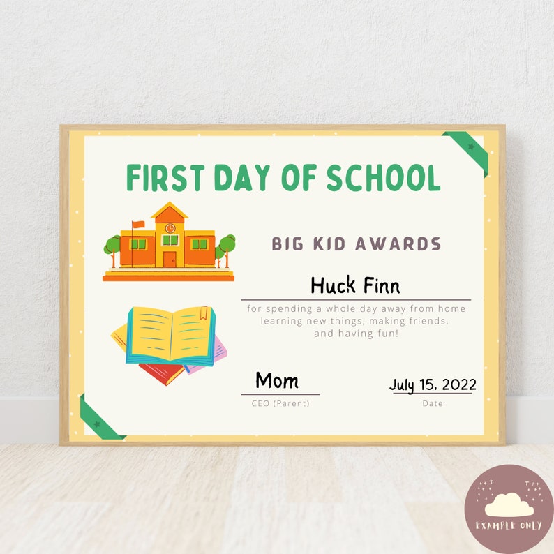 First Day of School Certificate | Big Kid Award | Instant Download ...