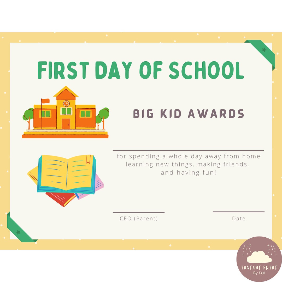 First Day of School Certificate | Big Kid Award | Instant Download ...