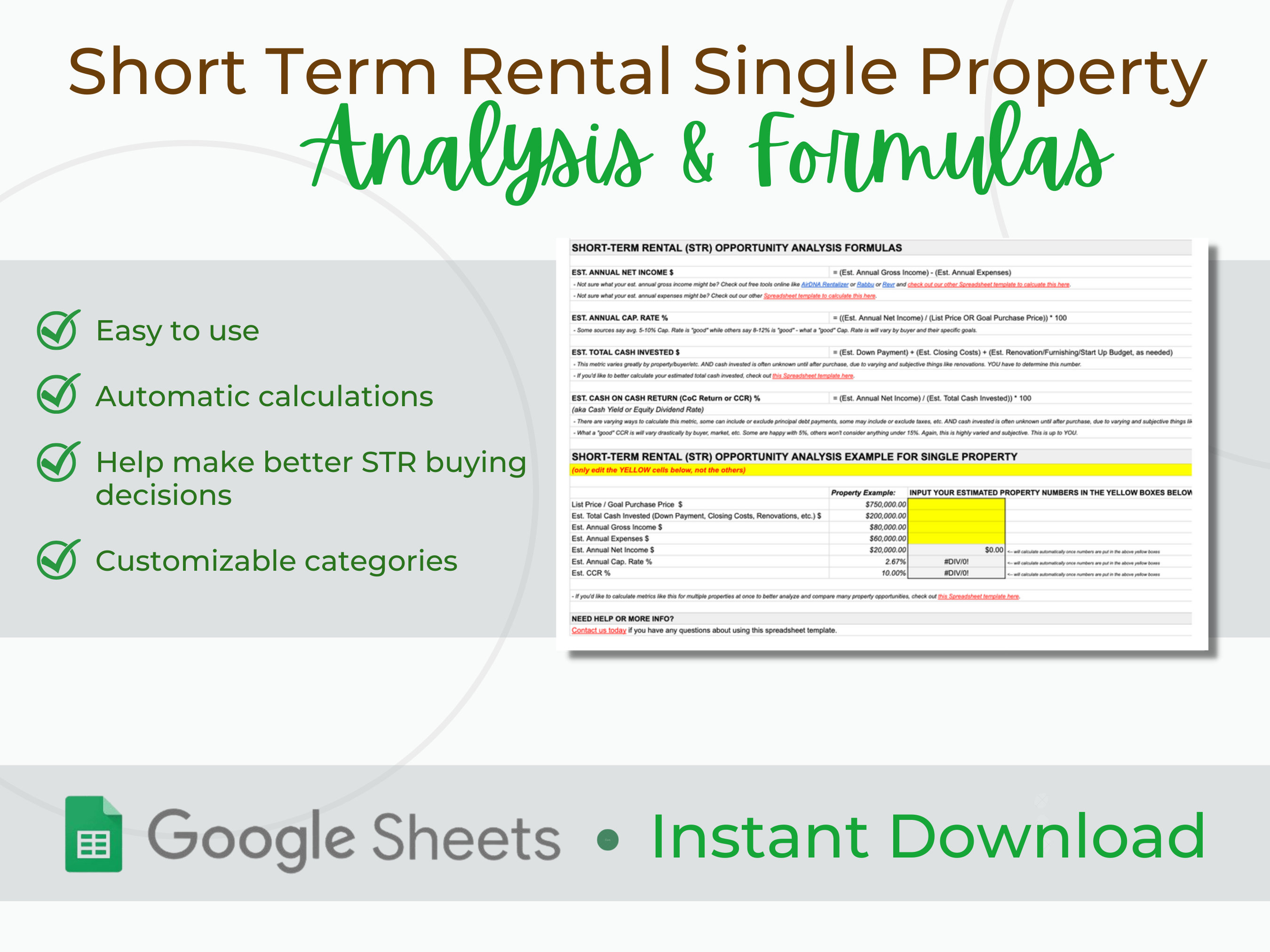 Short-term Rental ROI Formulas | Single Property Analysis Estimator ...