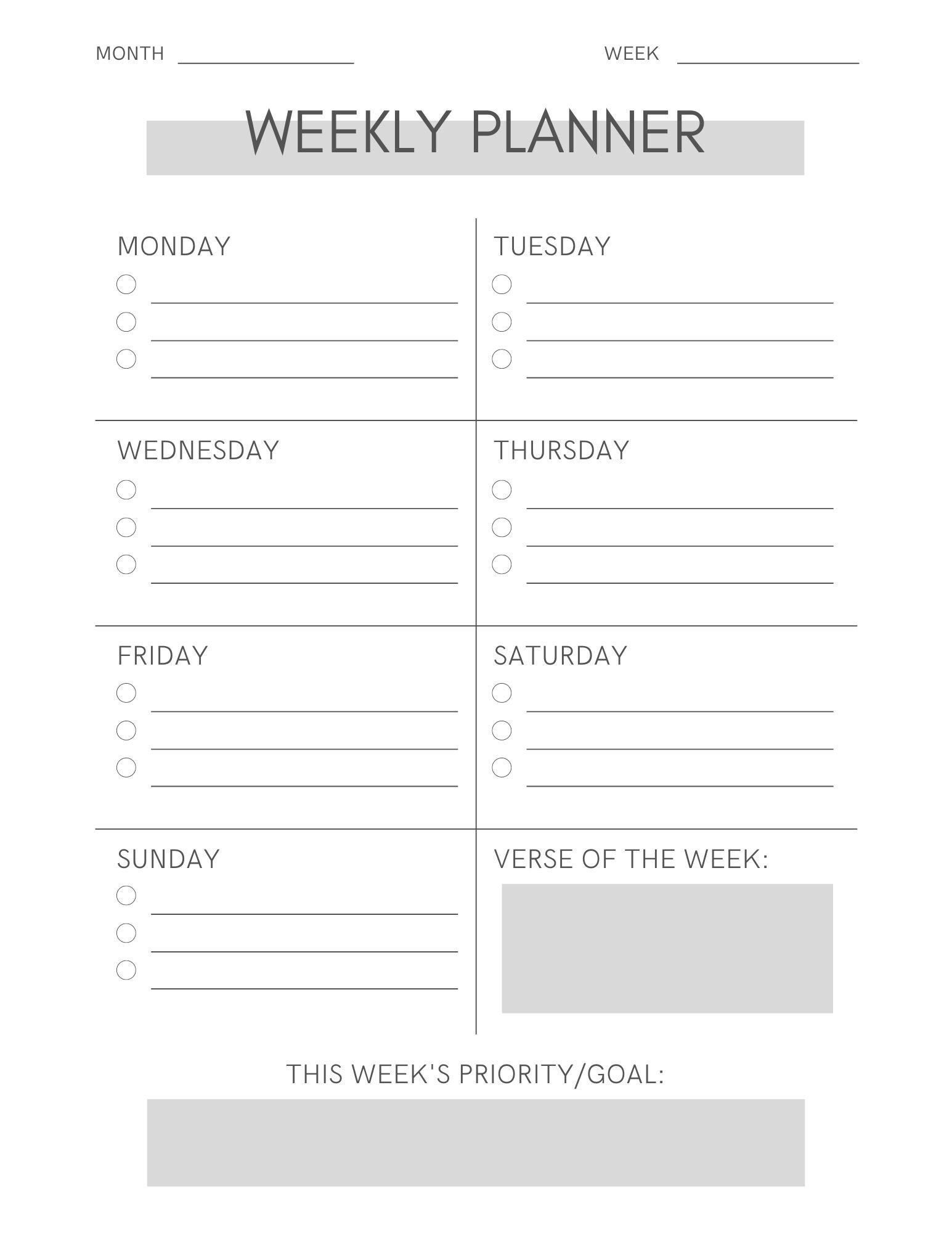 Weekly Blank Planner Page, Simple Weekly Schedule Calendar, Bible Verse ...