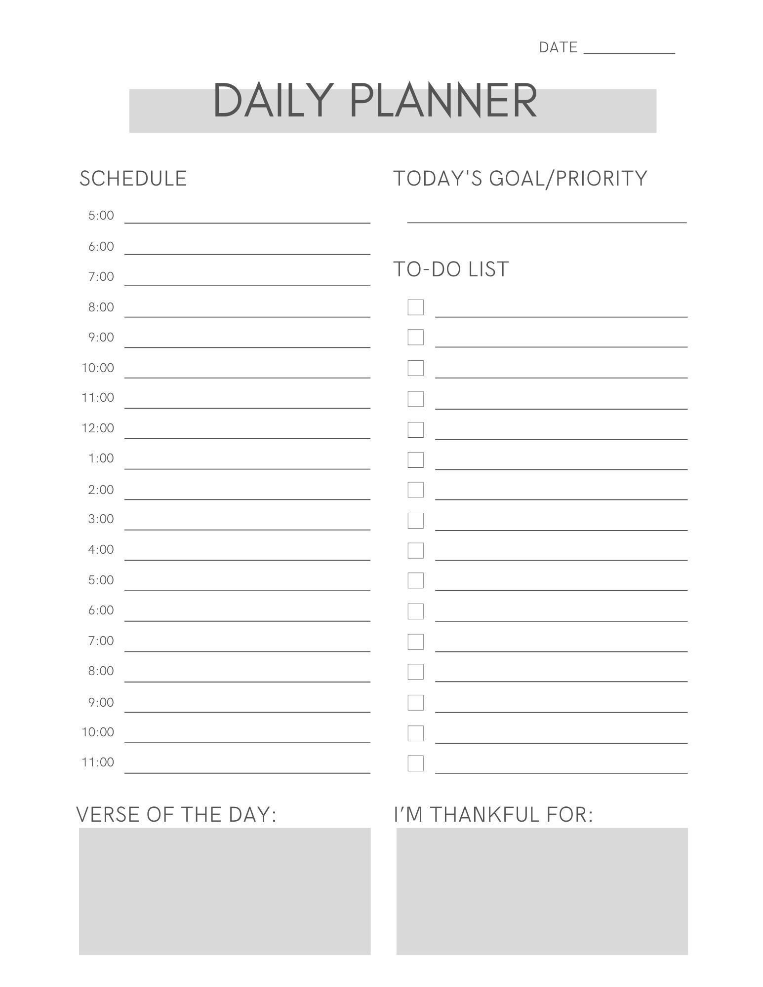 Daily Blank Planner Page, Simple Daily Schedule Calendar, Bible Verse ...