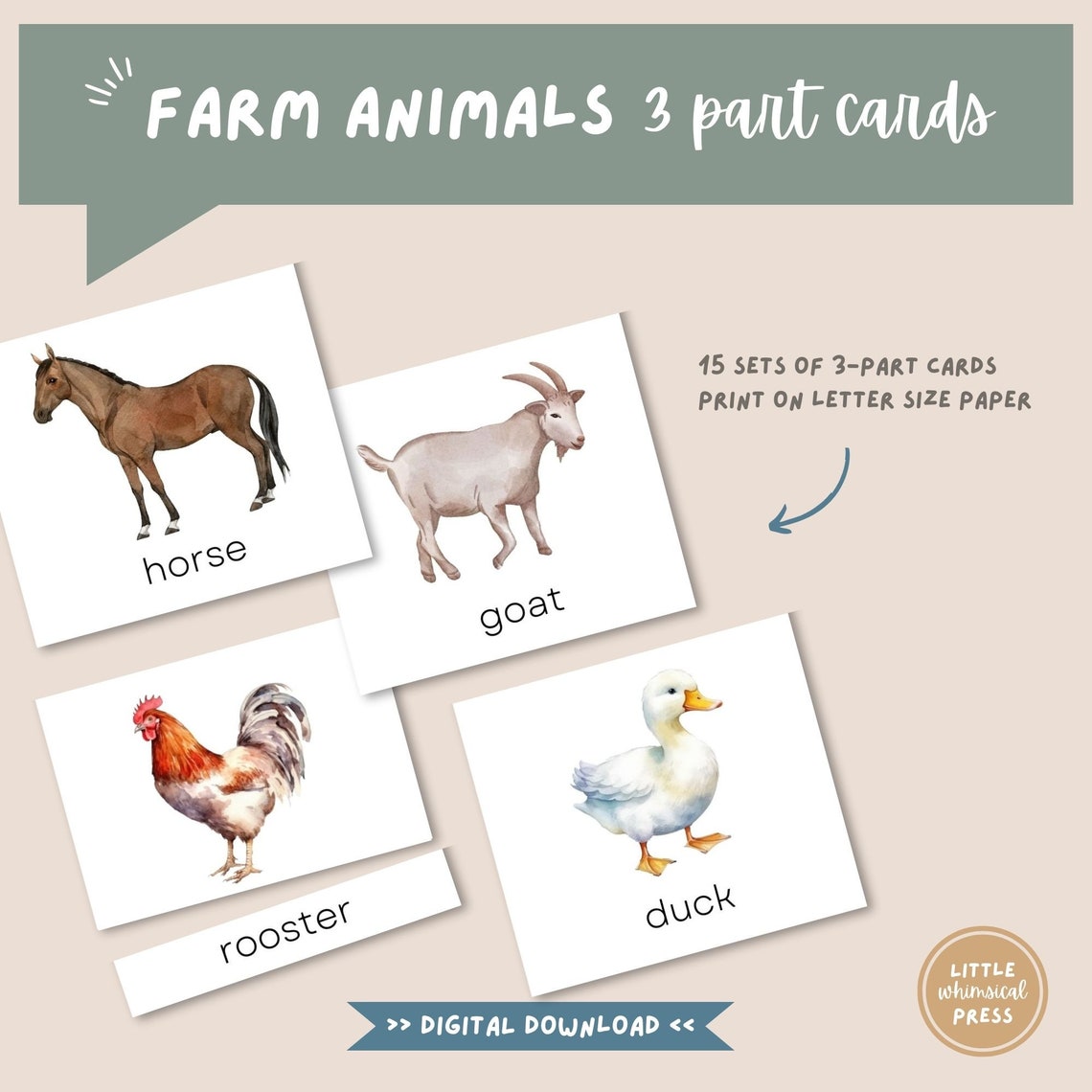 Montessori Farm Animals 3 Part Cards | Vocabulary Animal Flash Cards ...