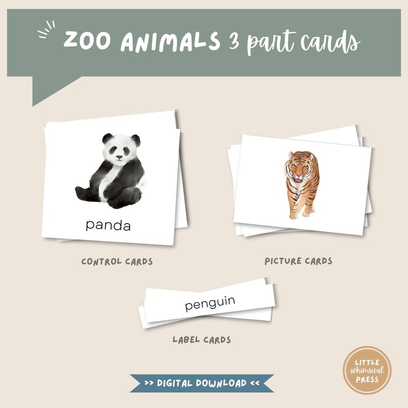 Montessori Zoo Animals 3 Part Cards | Vocabulary Animal Flash Cards for ...