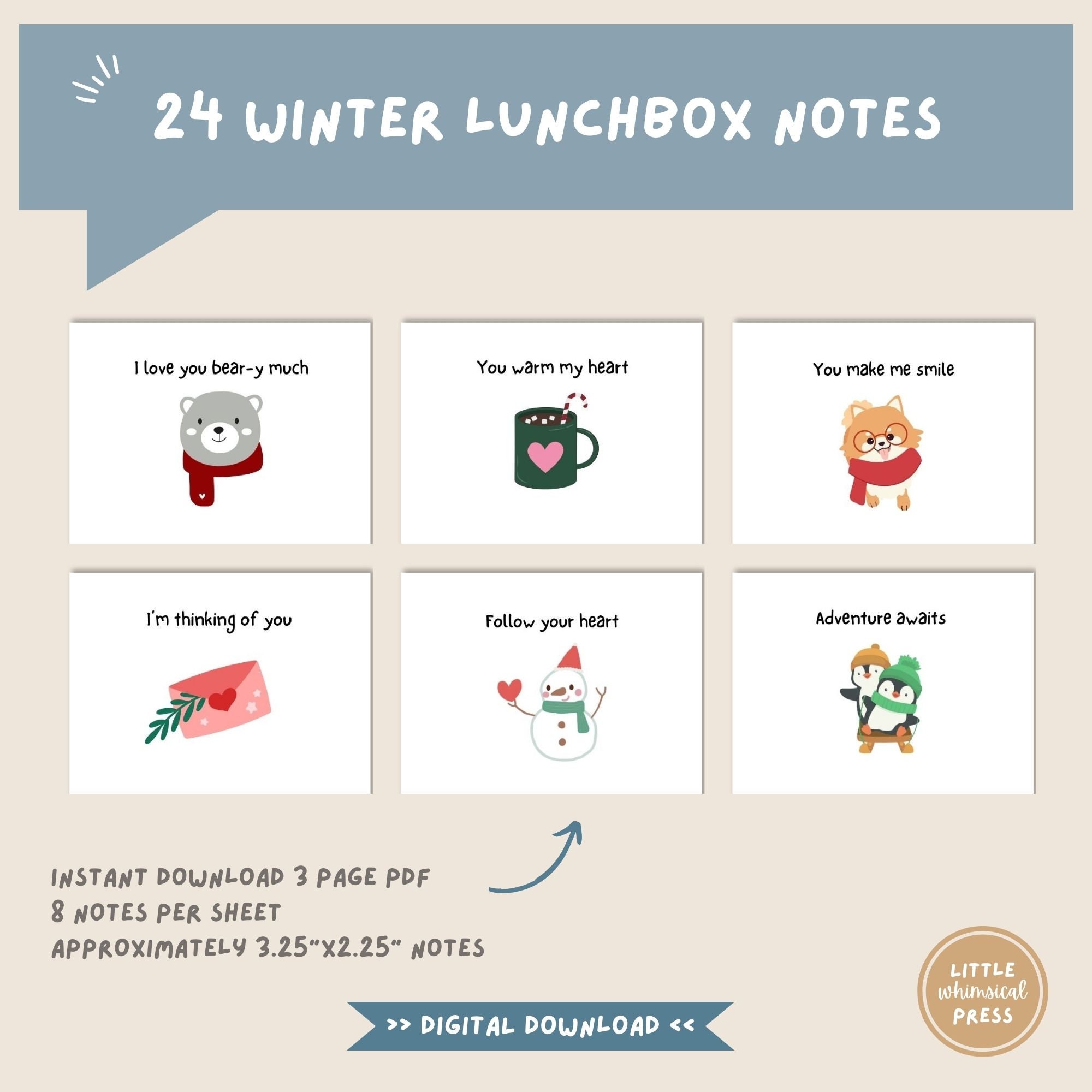 Printable Winter Lunchbox Notes | Cute Kids Lunch Box Notes | School ...