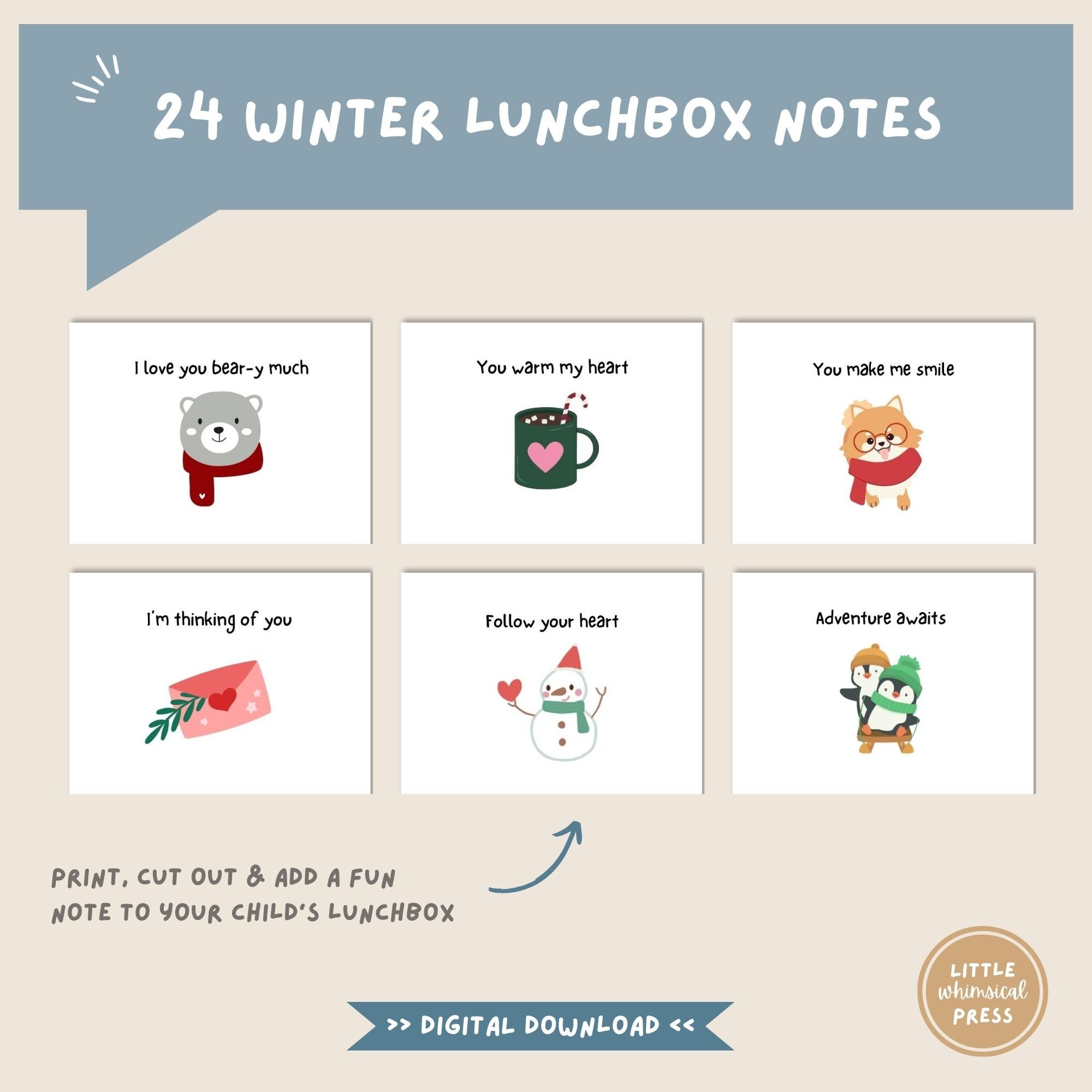 Printable Winter Lunchbox Notes | Cute Kids Lunch Box Notes | School ...