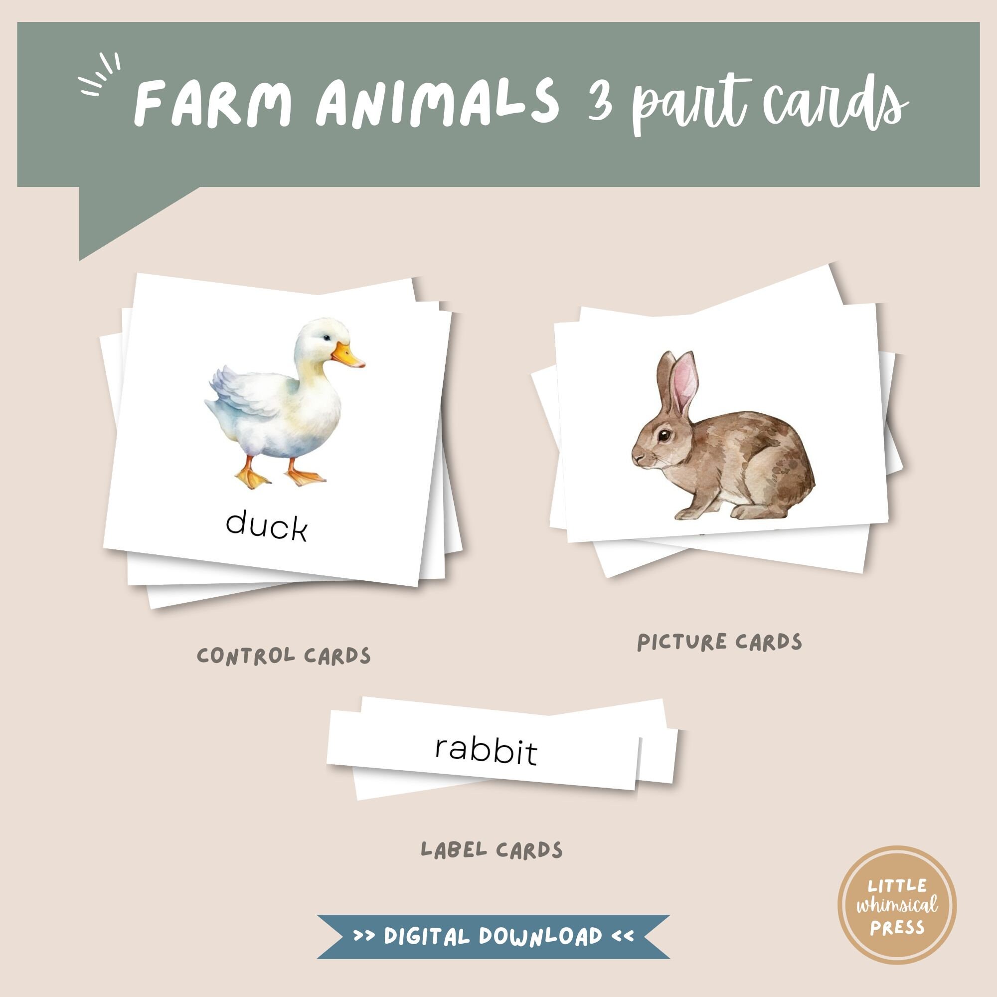 Montessori Farm Animals 3 Part Cards | Vocabulary Animal Flash Cards ...