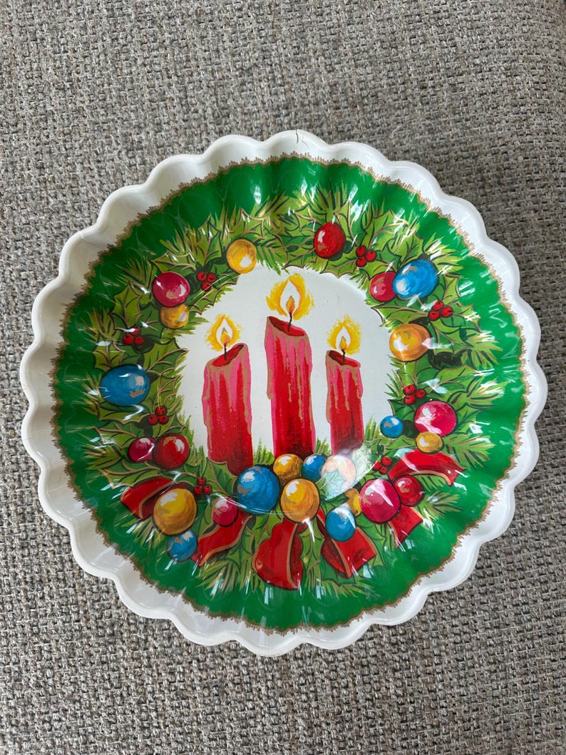 Vintage Christmas Plastic Tray: Poinsettia, Santa, Candles, Santa, Tree ...