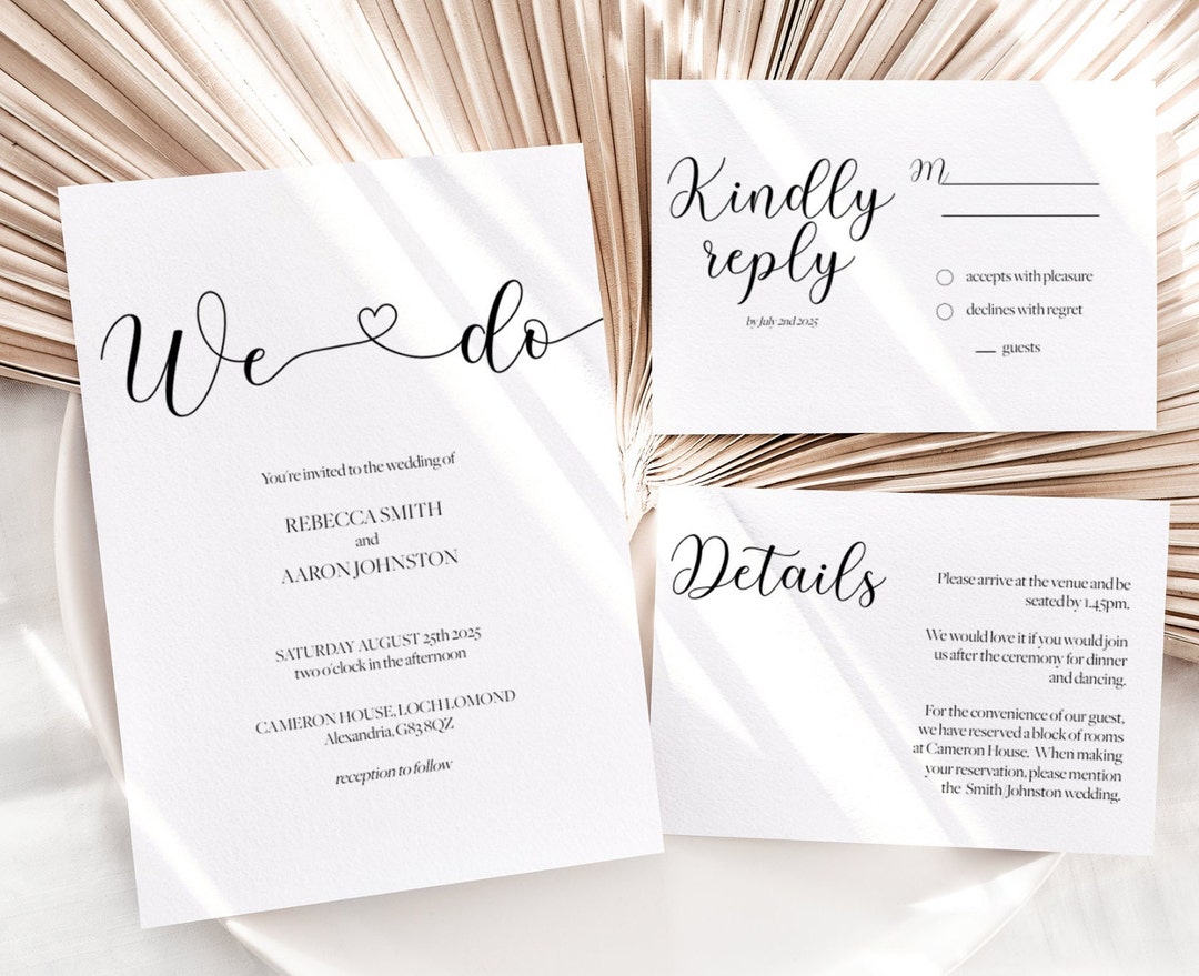 Heart Font White Invitation Suite, Minimalist Wedding Invitation, RSVP ...