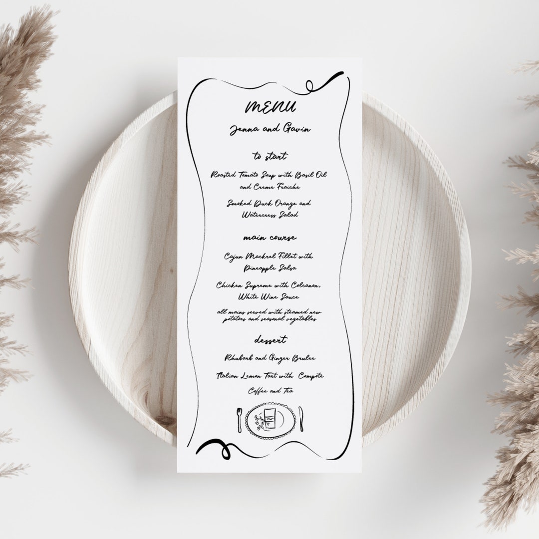 Hand Drawn Whimsical Menu Template, Wavy Border Wedding Stationery ...