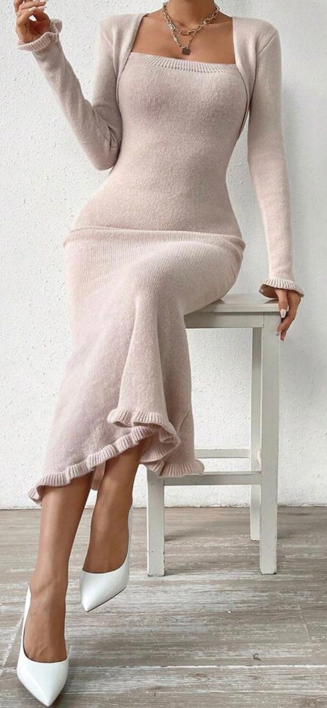 Beige Knitted Handmade Sweater Dress Ruffle Trim Dress - Etsy