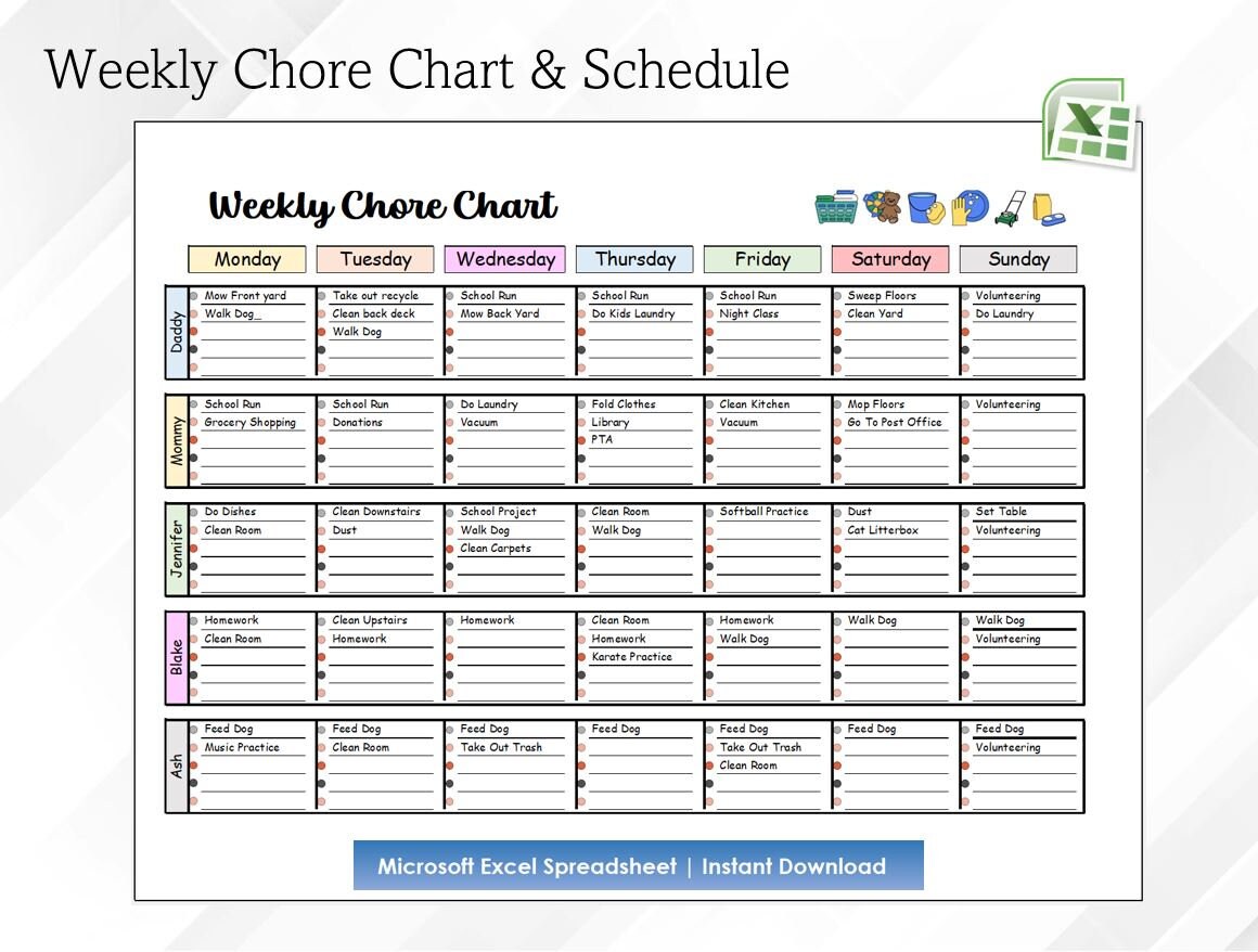 Editable Excel Weekly Family Chore Chart, Printable Family Planner ...