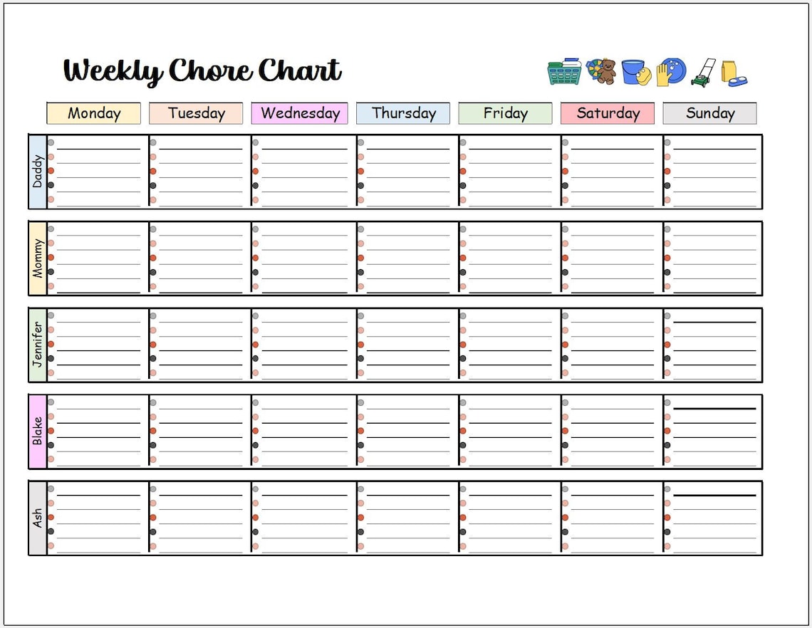 Editable Excel Weekly Family Chore Chart, Printable Family Planner ...