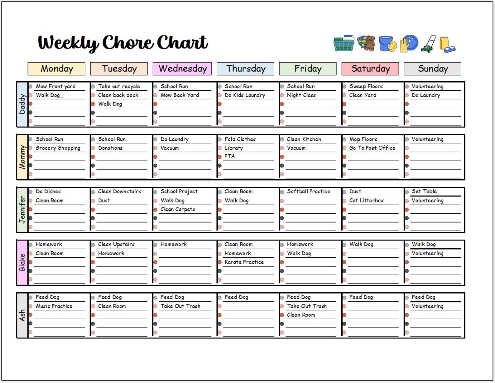 Editable Excel Weekly Family Chore Chart, Printable Family Planner ...