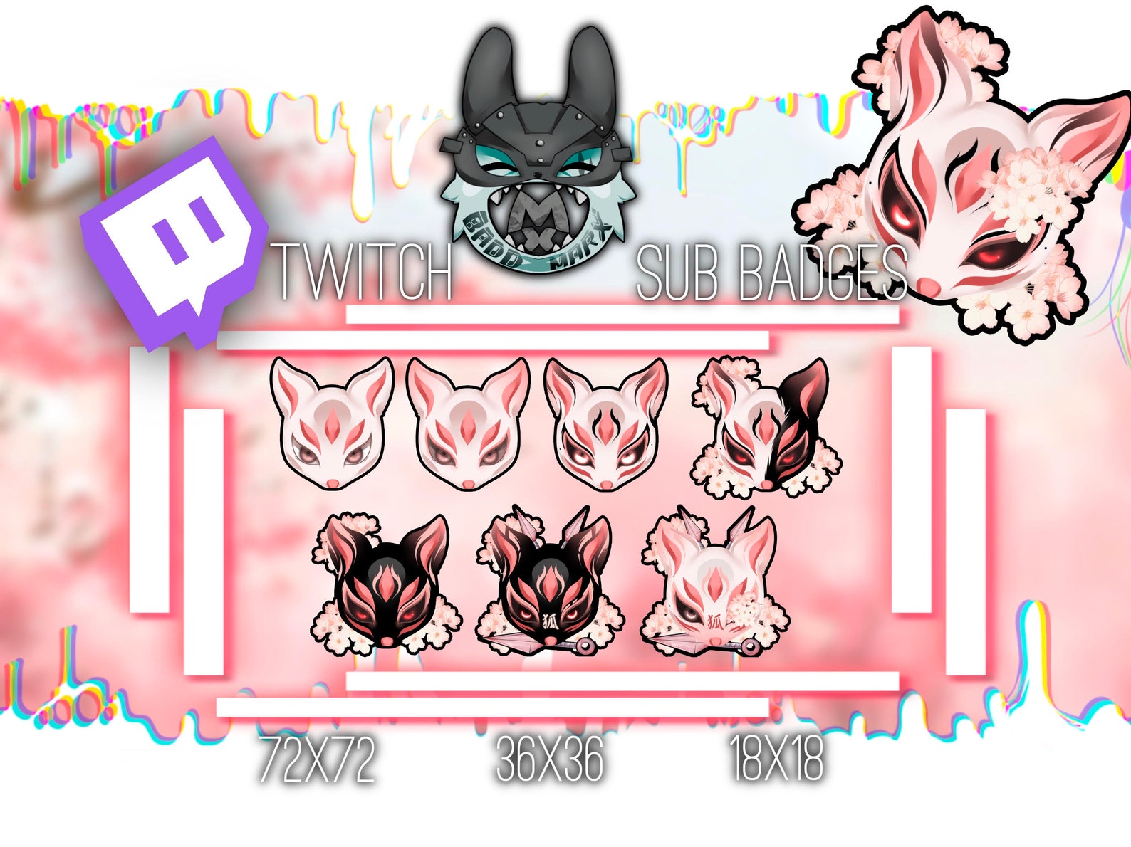 Pink Kitsune Mask Twitch Sub Badges & Emotes - Etsy
