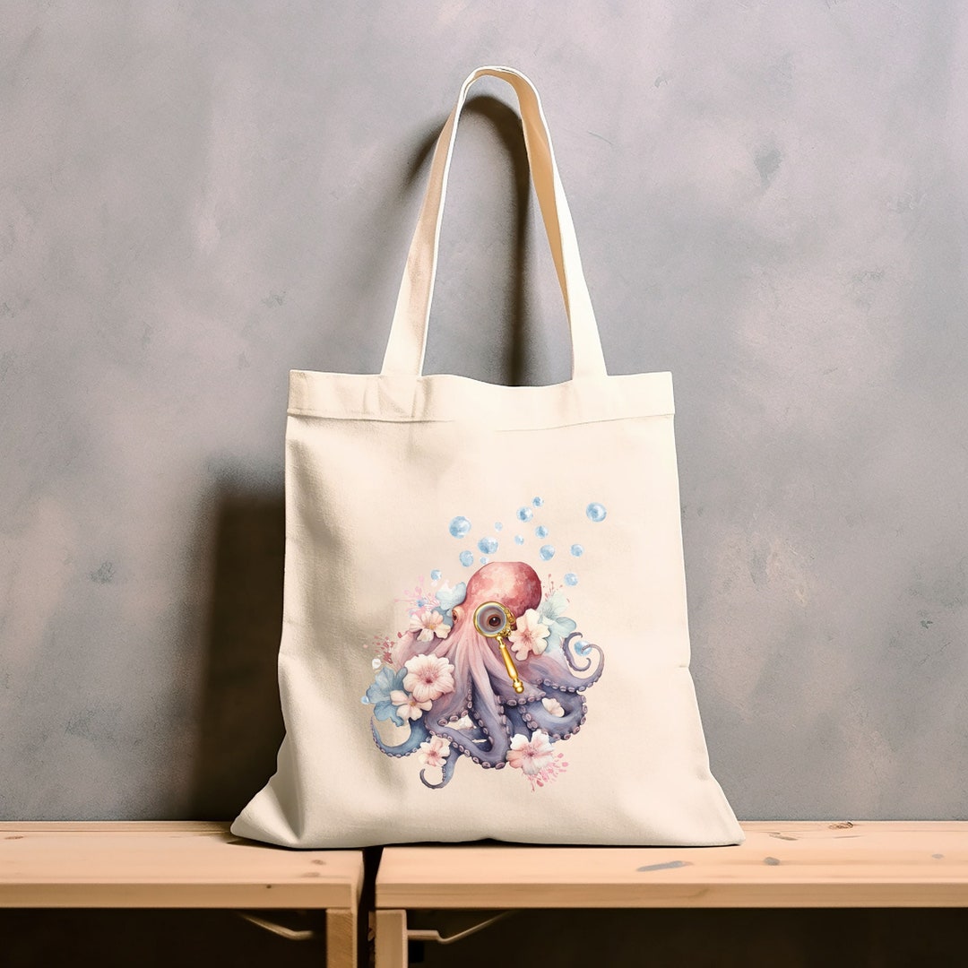 Octopus Tote Bag, Octopus Library Bag, Gift for Readers, Streampunk ...
