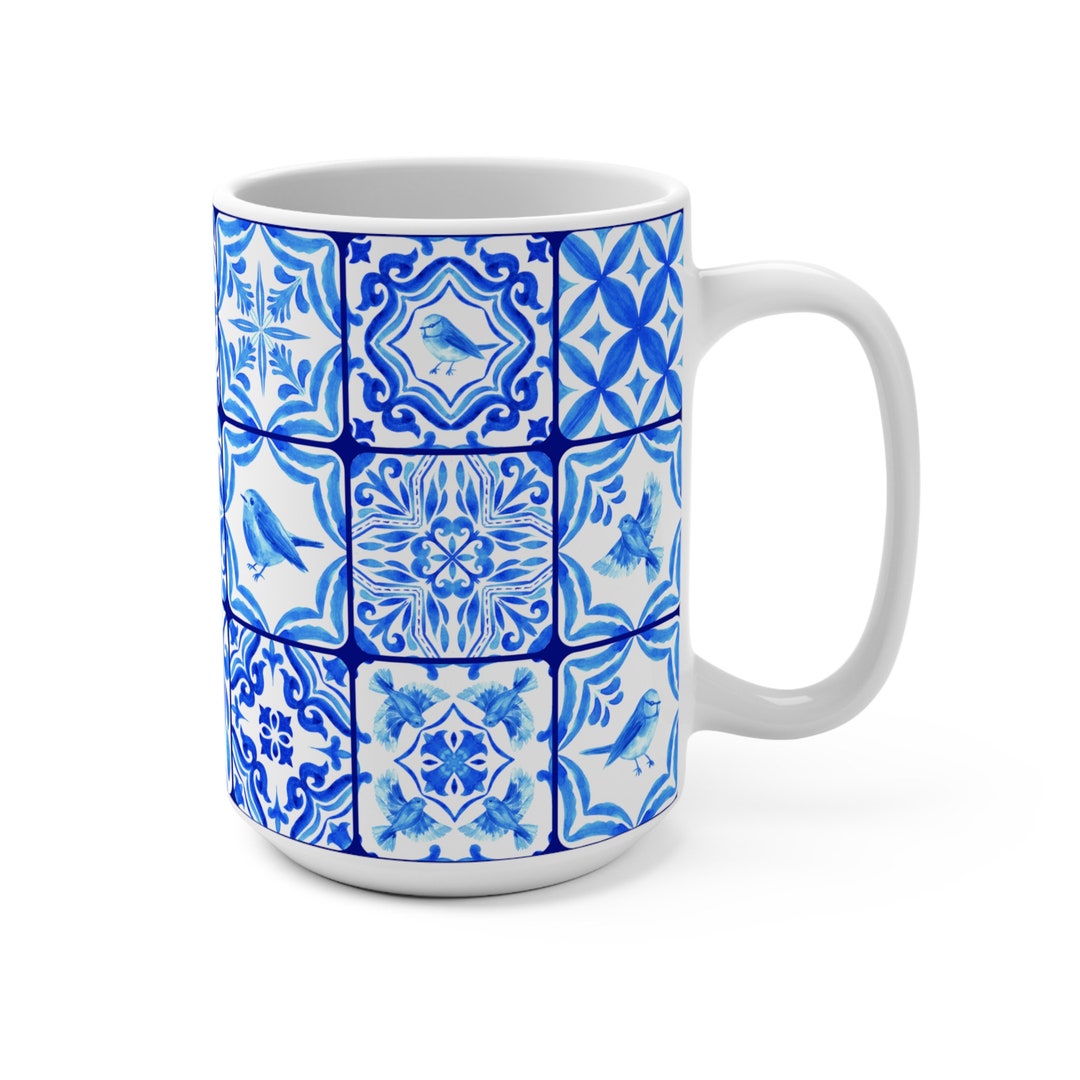 Mediterranean Aesthetic Mug 15oz Blue Tile Mug Large Size Italian Blue ...
