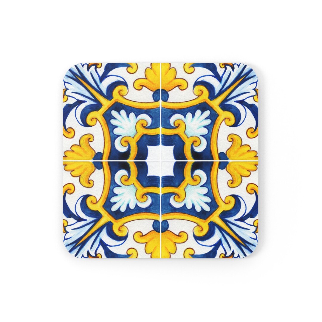 Mediterranean Coaster Set of 4 With Timeless Design Corkwood Coaster ...