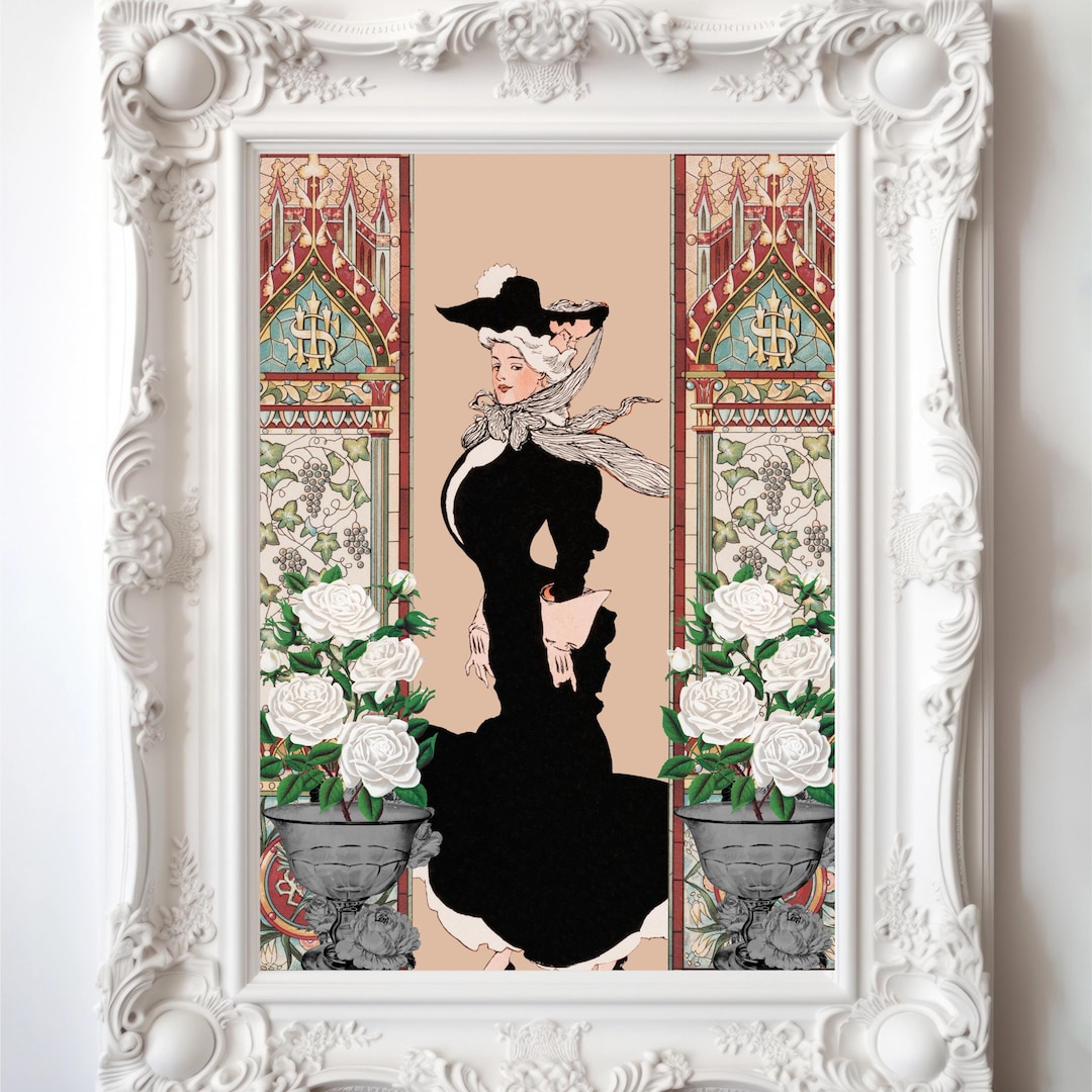 Vintage Lady Silhouette Poster Printed Art Nouveau Floral Wall Art ...
