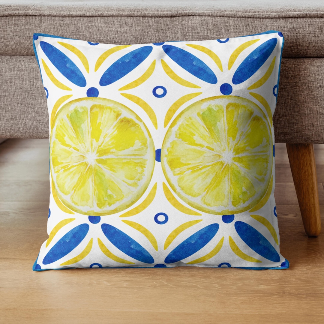 Mediterranean Pillow Blue Tile and Lemon Aesthetic Italian Blue Tile ...