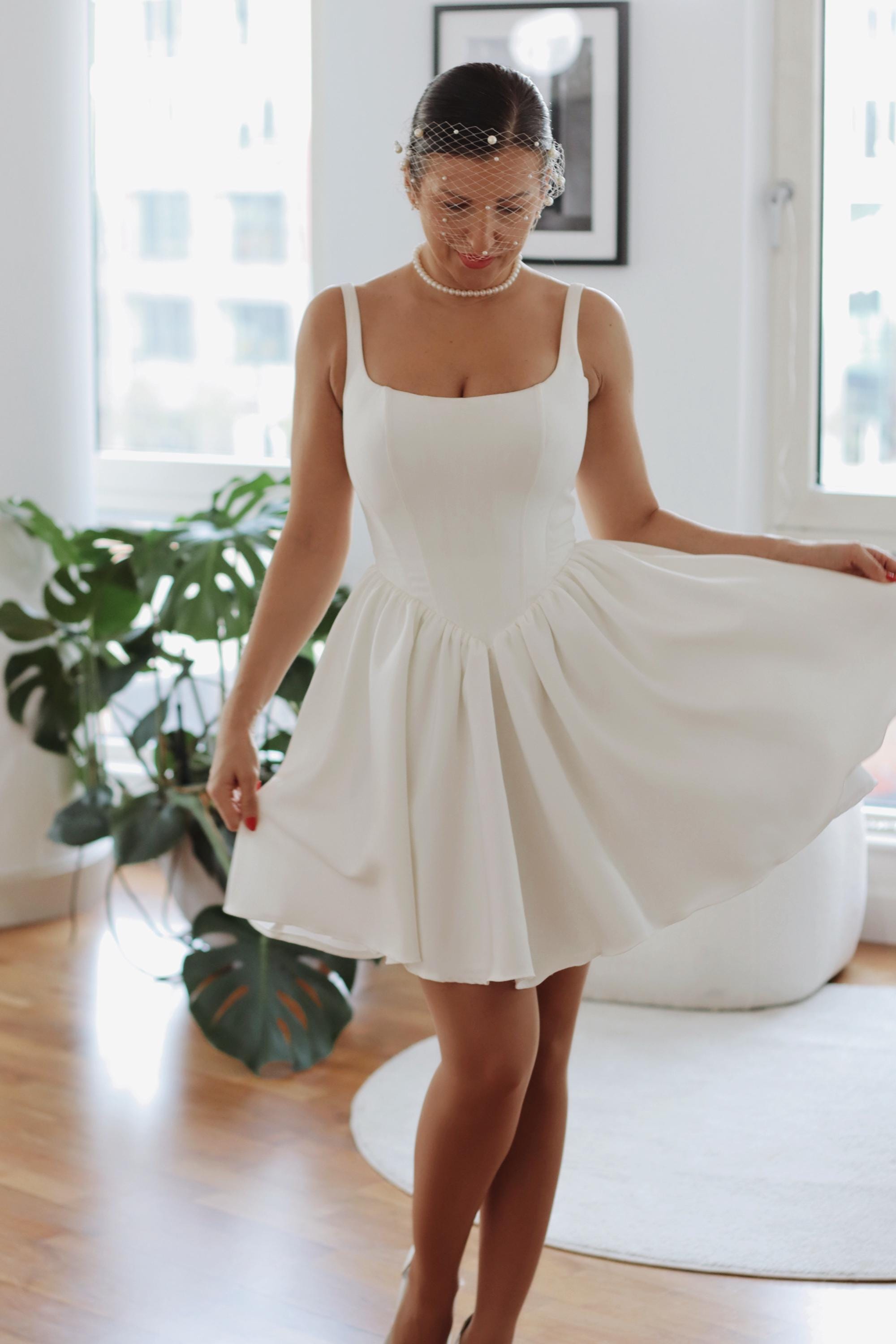 Mini Crepe Wedding Dress: Basque Waist Corset, Lace-up Back - Etsy