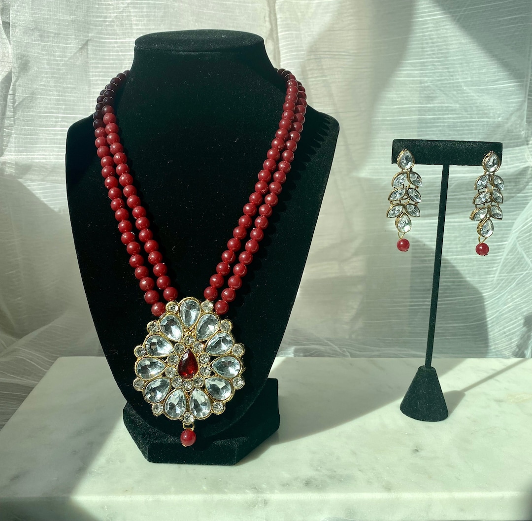 Maroon Crystal Stone & Beads Long Haram Necklace Set - Etsy