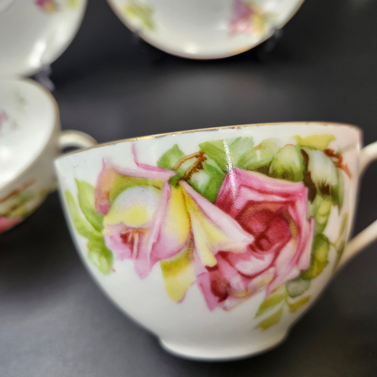 Antique J&C Germany Ovid Tea and Coffee Cups W Saucers W Pink and ...