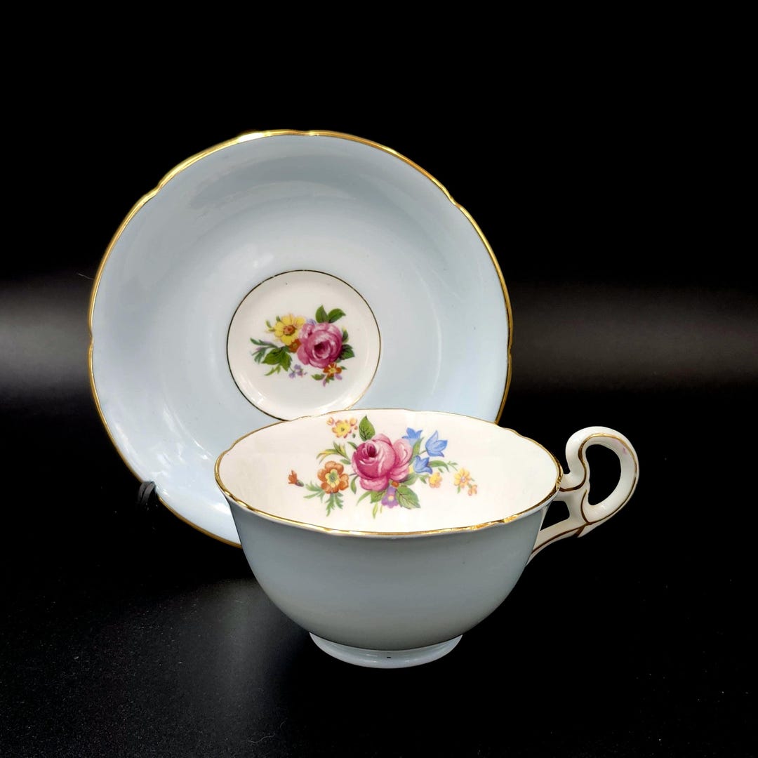 Royal Grafton Tea Cup & Saucer Robin Egg Blue #45149 Floral Sprigs C ...