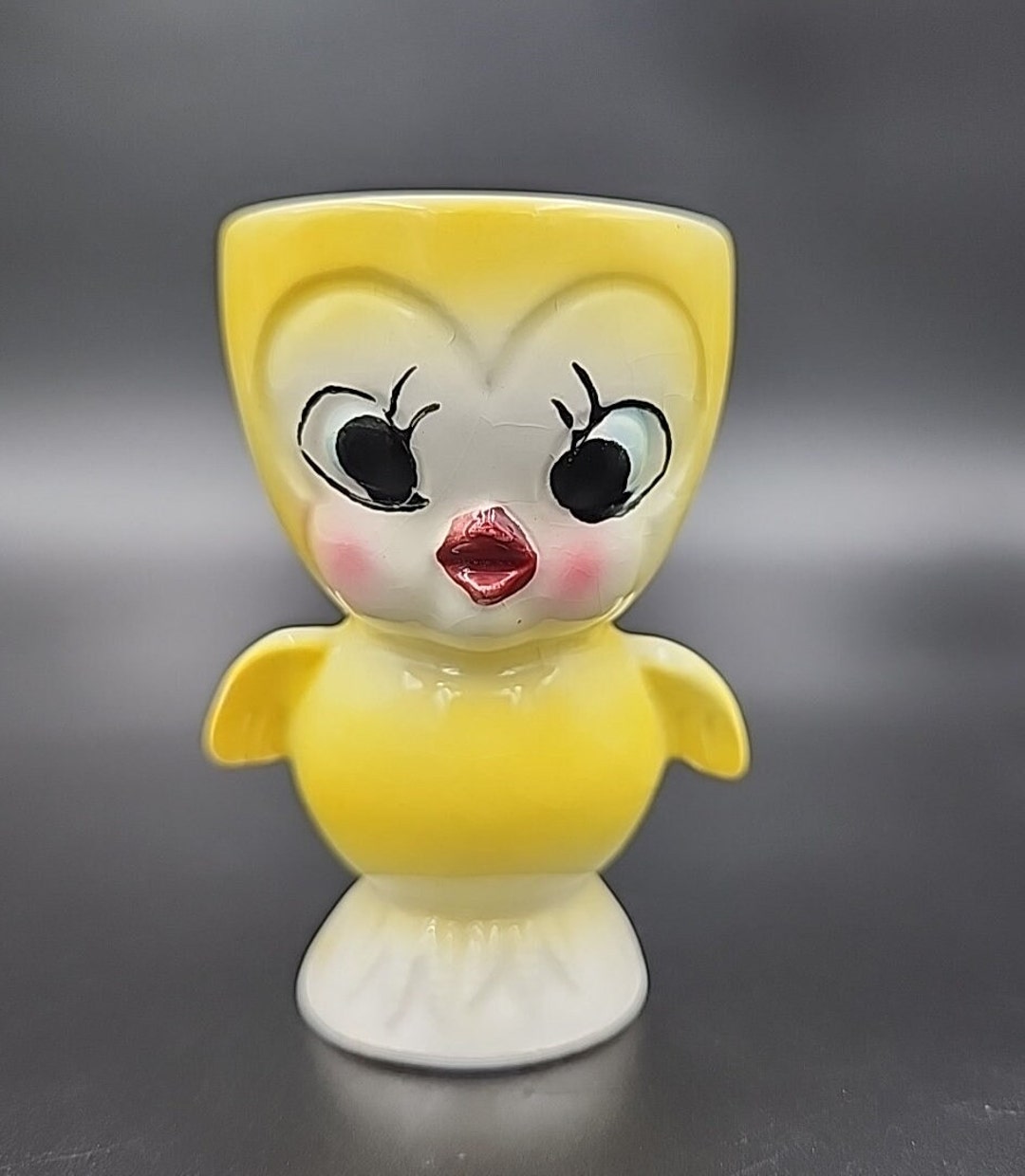 Vintage Kitsch Anthropomorphic Chick Egg Cup Yellow W Wings & Rosey ...