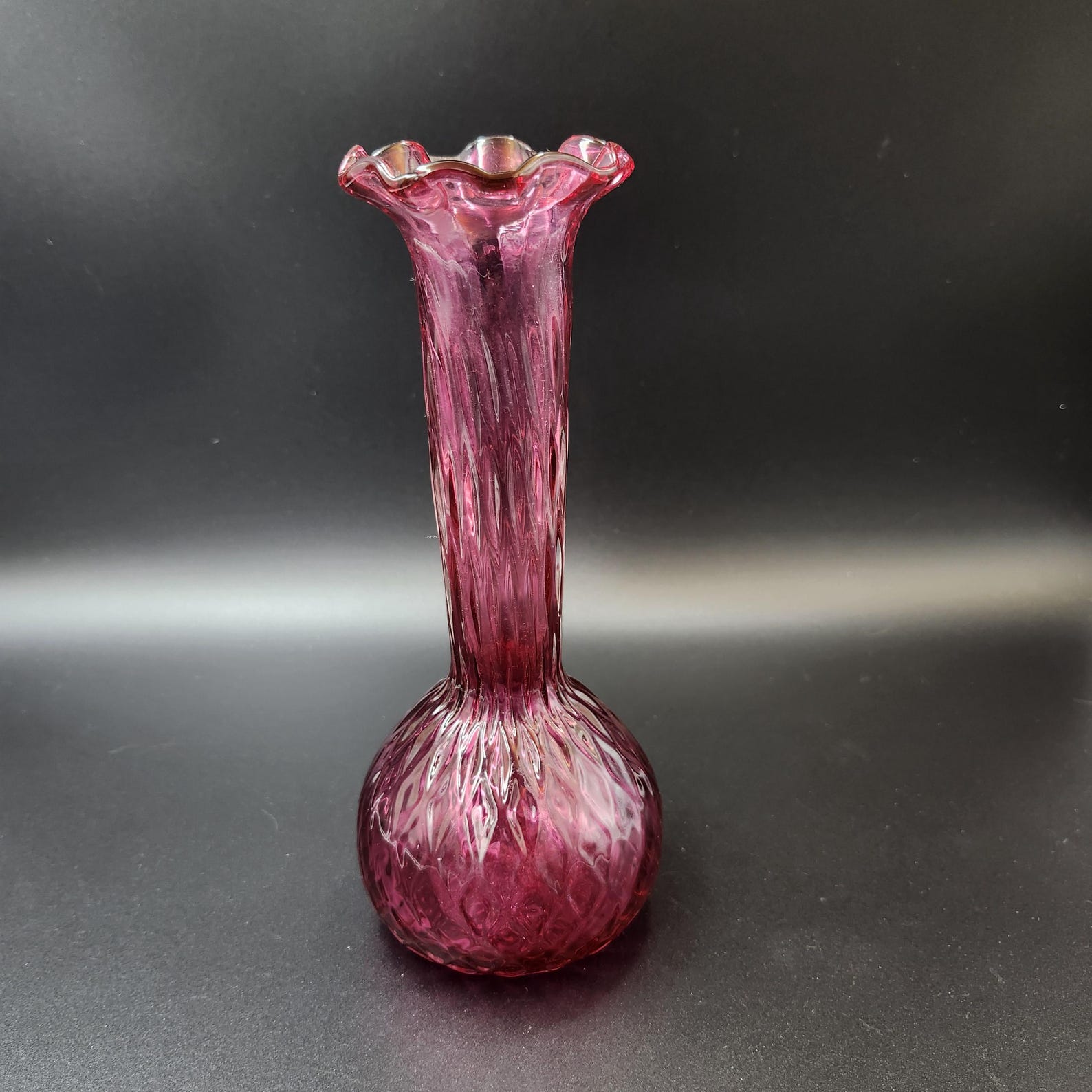 Vintage Angelo Rossi Cranberry Glass Vase Ruffled Edge Handblown Canada ...