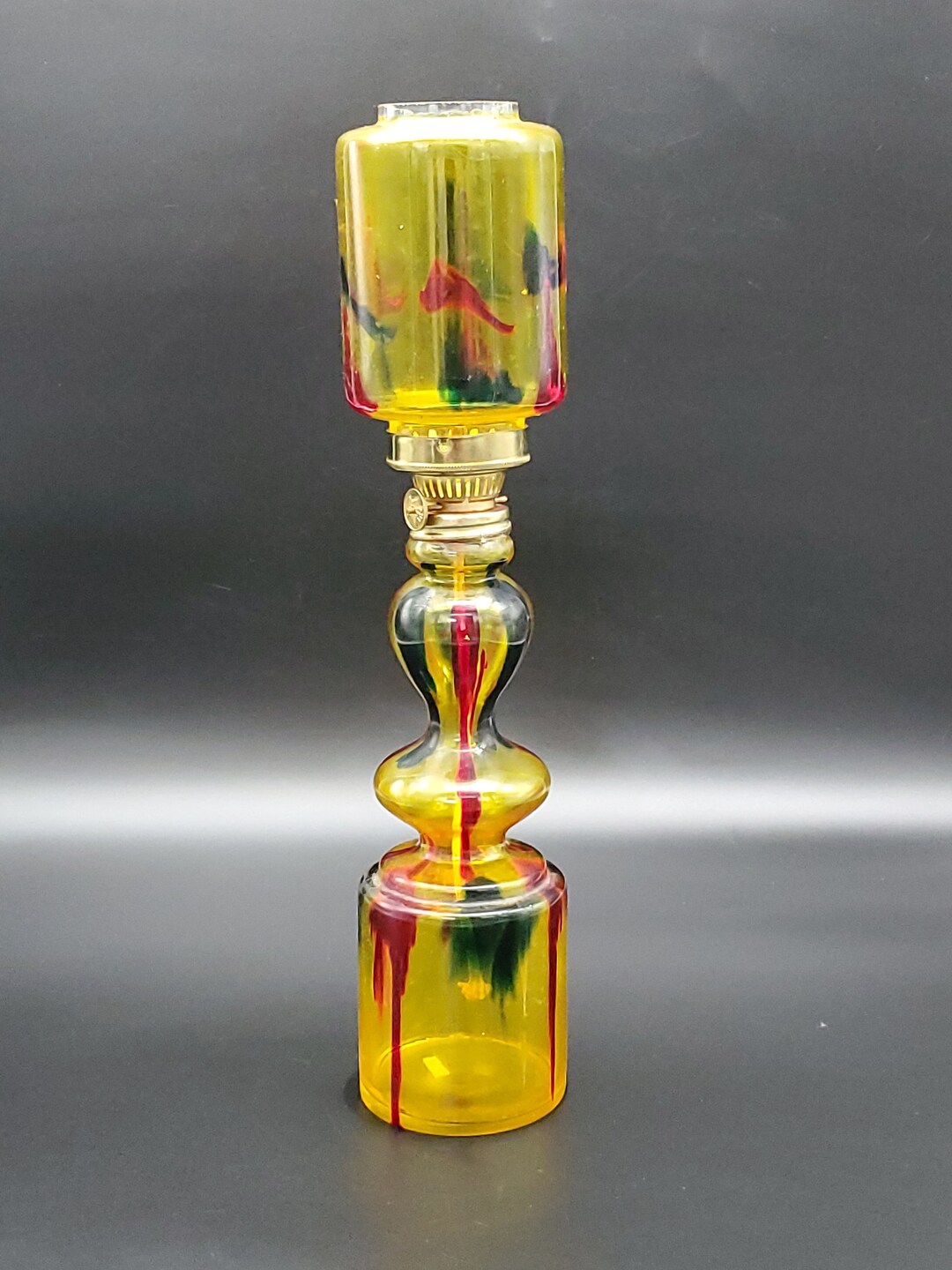 Vintage Japan Oil Hurricane Lamp Yellow With Green & Red Accents 35cm ...