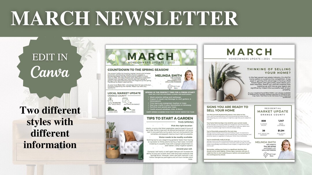 TWO STYLES Editable March Real Estate Newsletter - Etsy