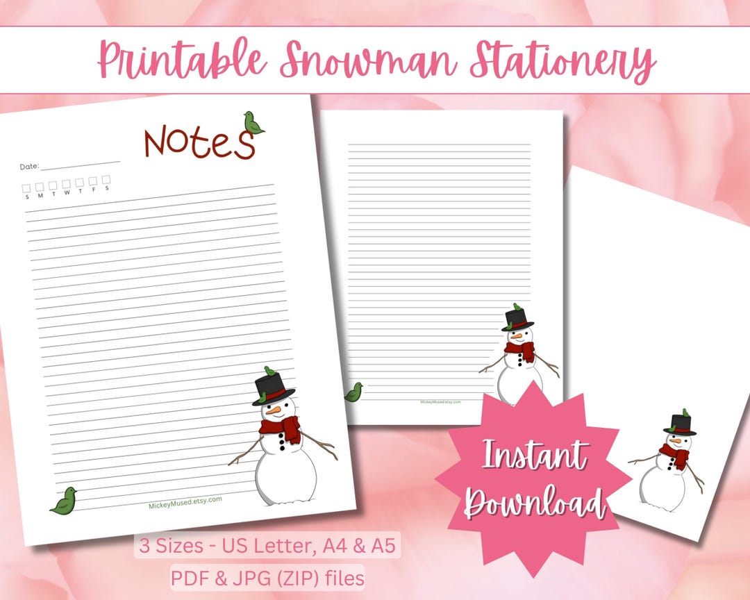 Snowman Lined Note Paper, Printable Winter Stationery, US Letter, A4 ...