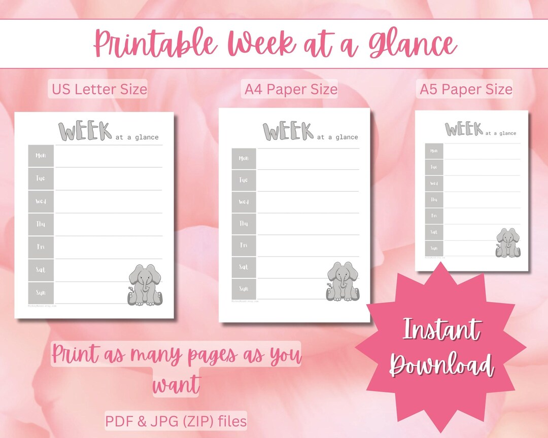 Elephant Week at a Glance Printable, 3 Sizes for Planners, Notebooks ...