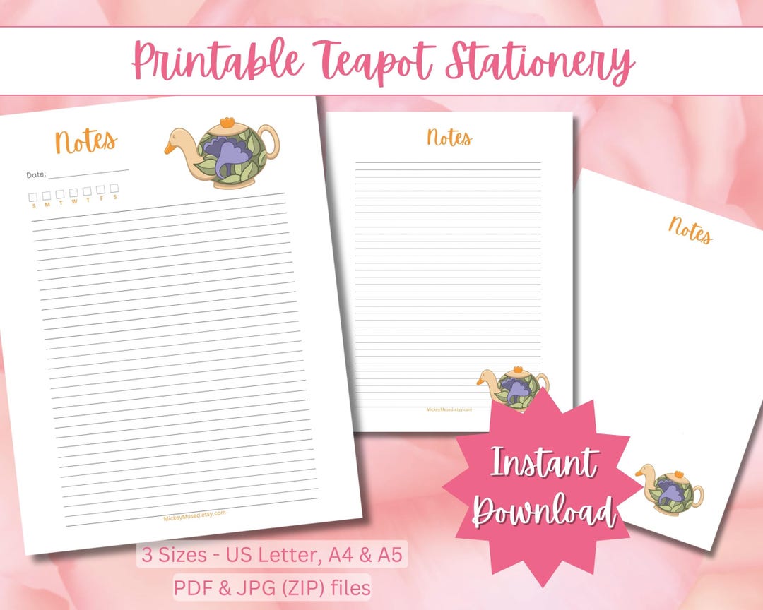 Ducky Goose Teapot Stationery, Printable Lined & Blank Pages, Notebook ...