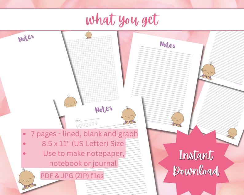 Cute Pouty Baby Stationery, Printable Lined, Blank and Grid Note Paper ...